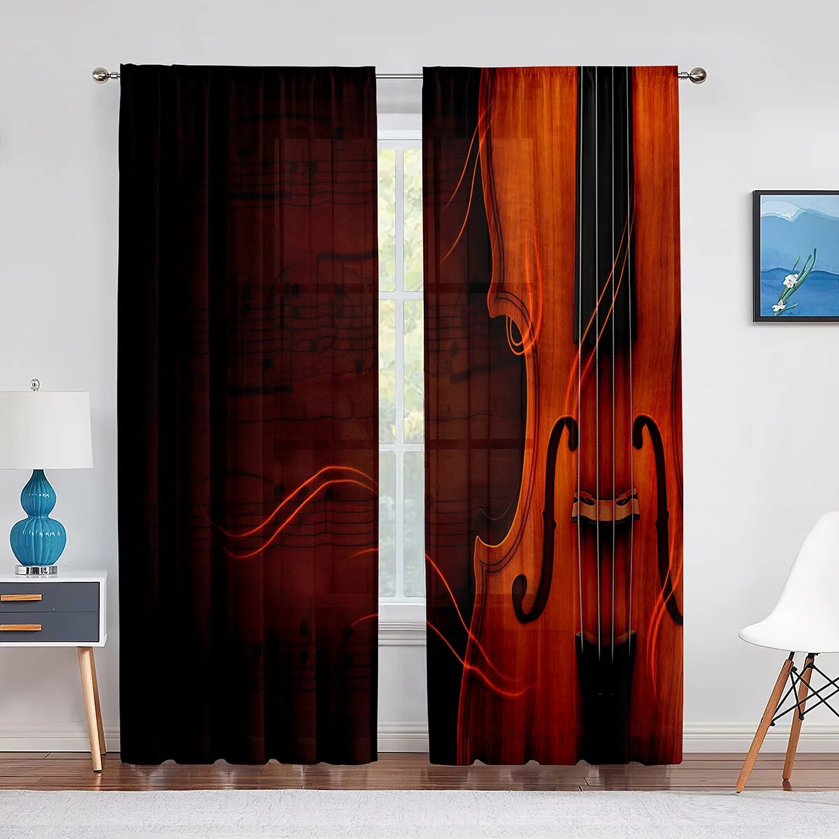 Red Rose Floral Coffee Violin Sheer Voile Curtain for Living Room for ...