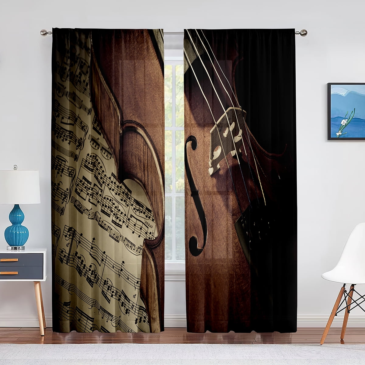 Red Rose Floral Coffee Violin Sheer Voile Curtain for Living Room for ...