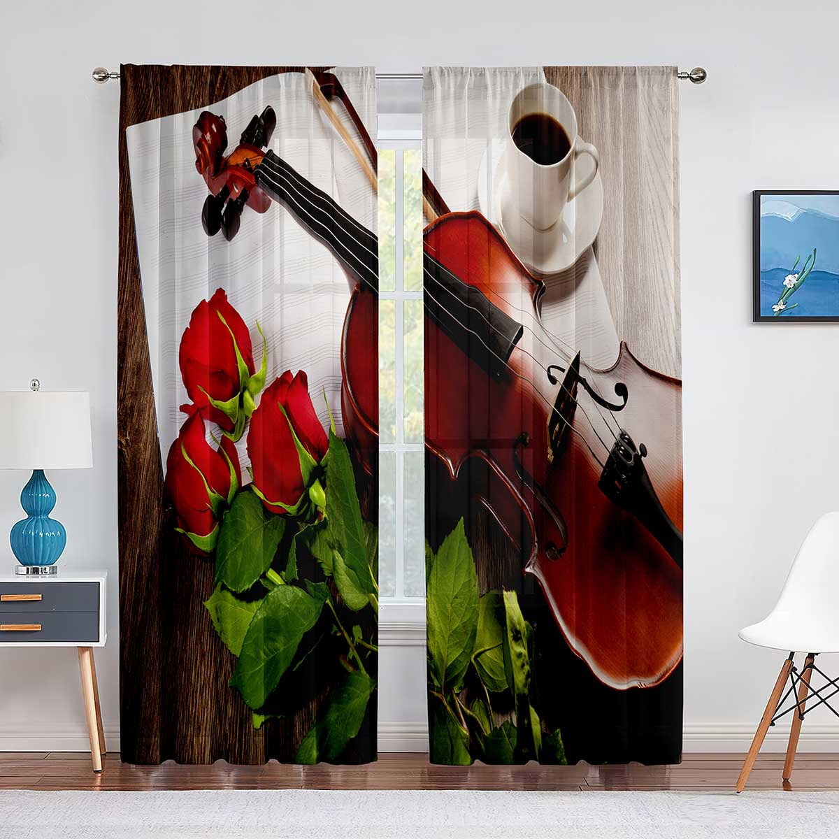 Red Rose Floral Coffee Violin Sheer Voile Curtain for Living Room for ...