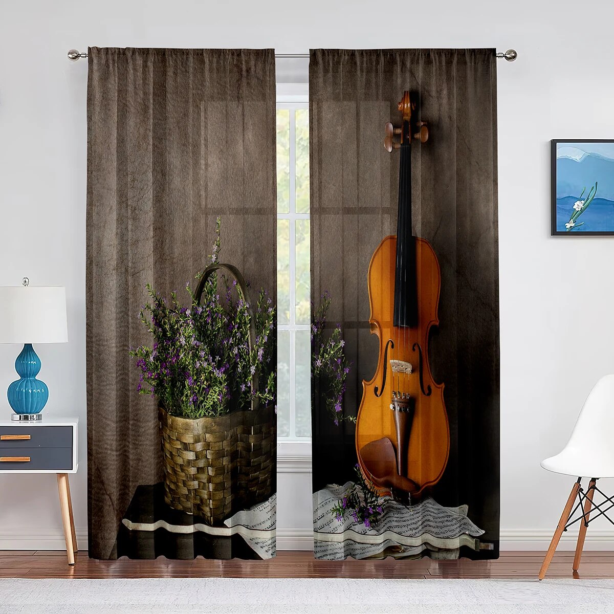 Red Rose Floral Coffee Violin Sheer Voile Curtain for Living Room for ...