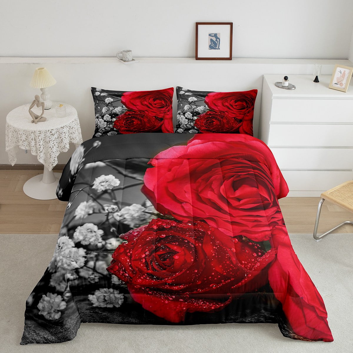 Red Rose Floral Comforter Set Full Size, 3D Printed Blossom Flowers ...