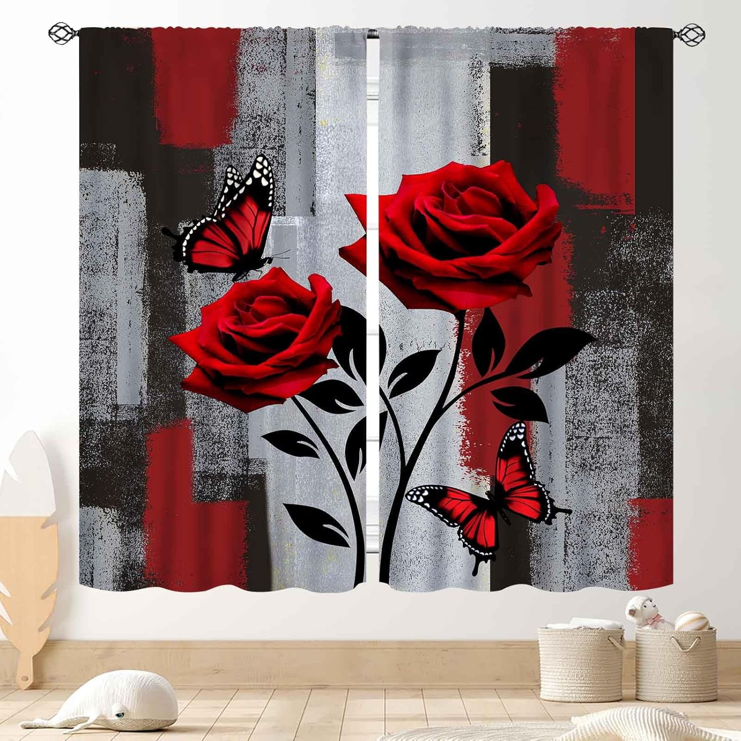 Red Rose Floral Curtains, Modern Abstract Romantic Valentine''s Day ...