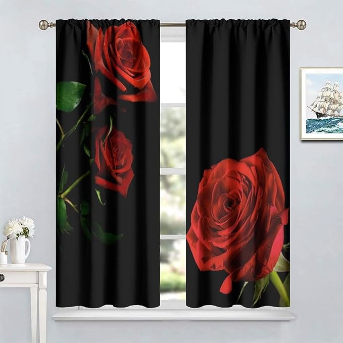Red Rose Floral Curtains, Romantic Black Red Rose Flower Rod Pocket ...