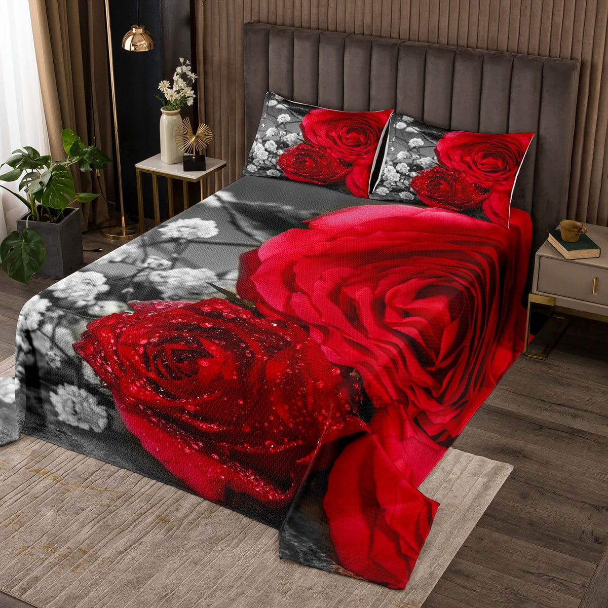 Red Rose Floral Quilt Set Queen, 3D Printed Blossom Flowers Bedspread ...