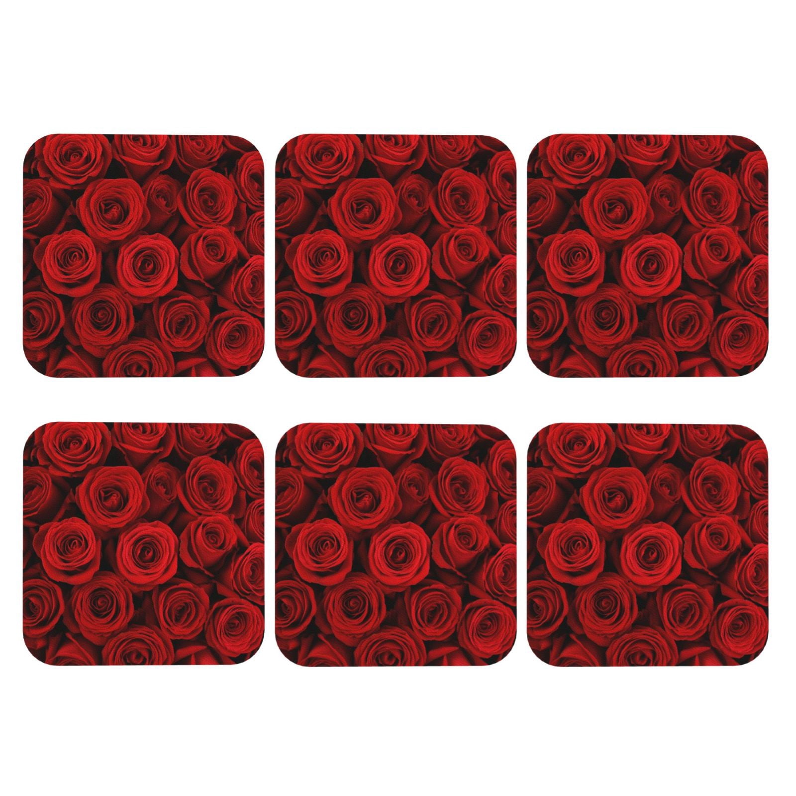 Red Rose Floral Set of 6 Faux Leather 4 Inch Coasters Drinks Tabletop ...