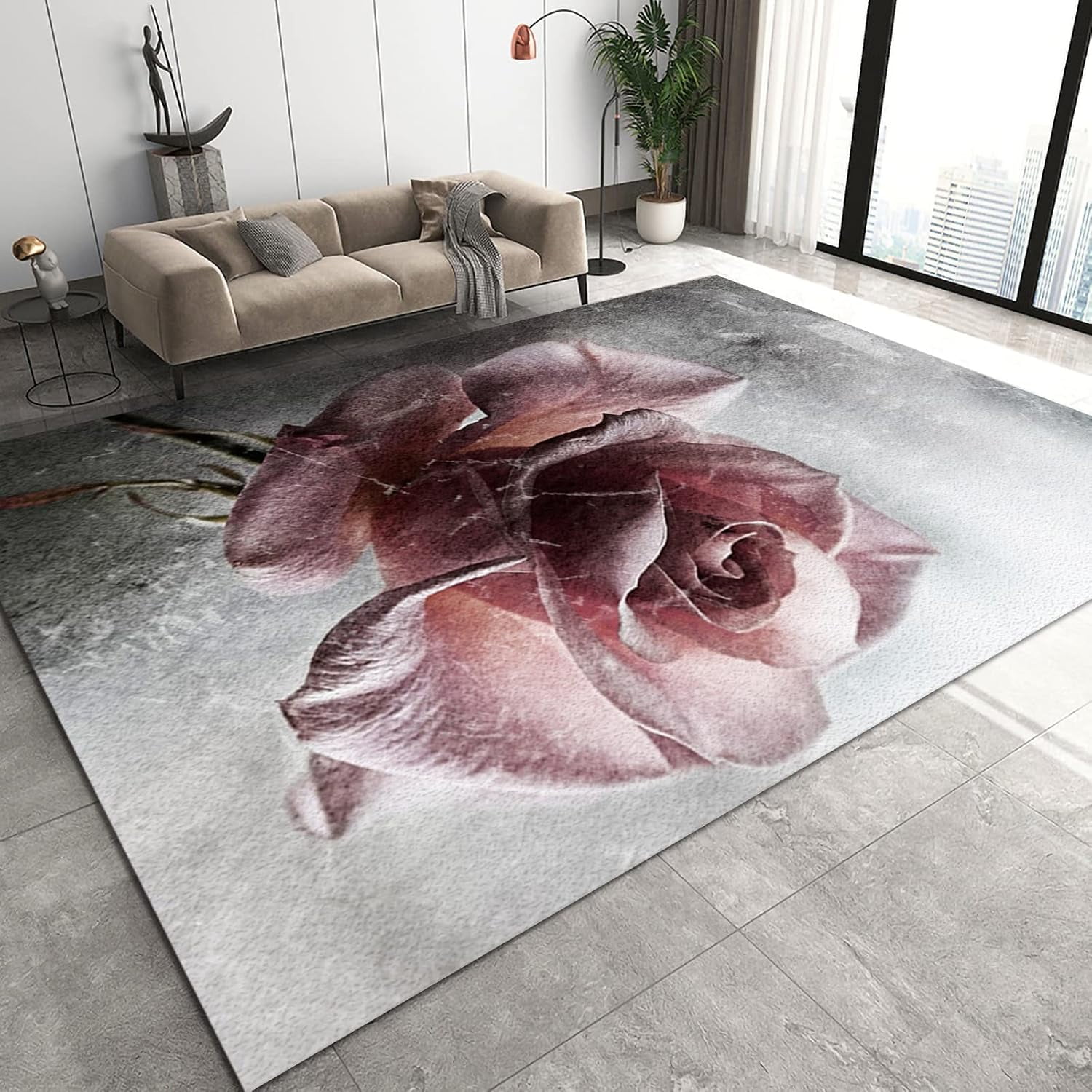 Red Rose Flower Area Rugs, Lonely Art Carpet, Floor Mat High-Density ...