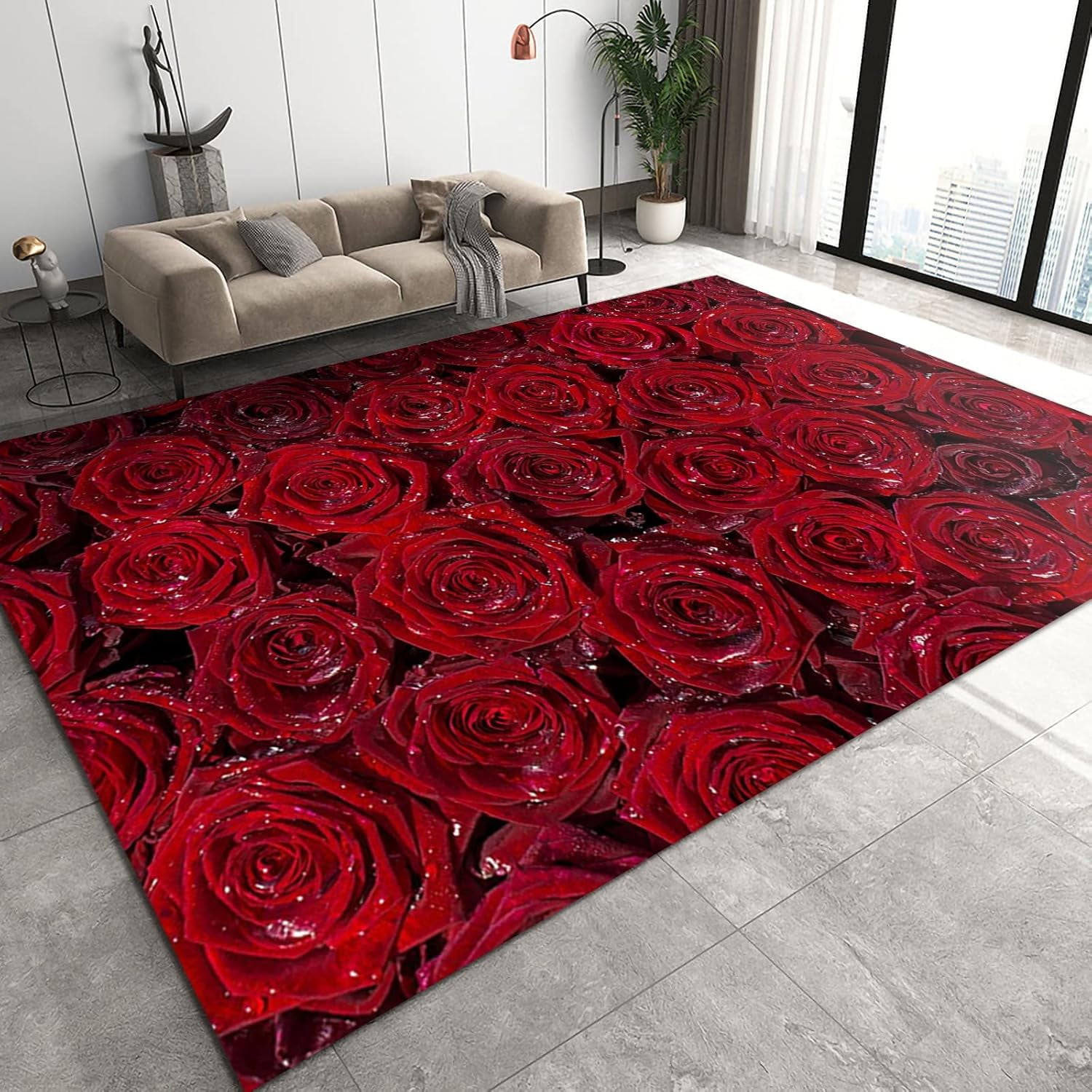 Red Rose Flower Area Rugs, Romantic Carpet, Bedroom Rug Pattern Clear ...