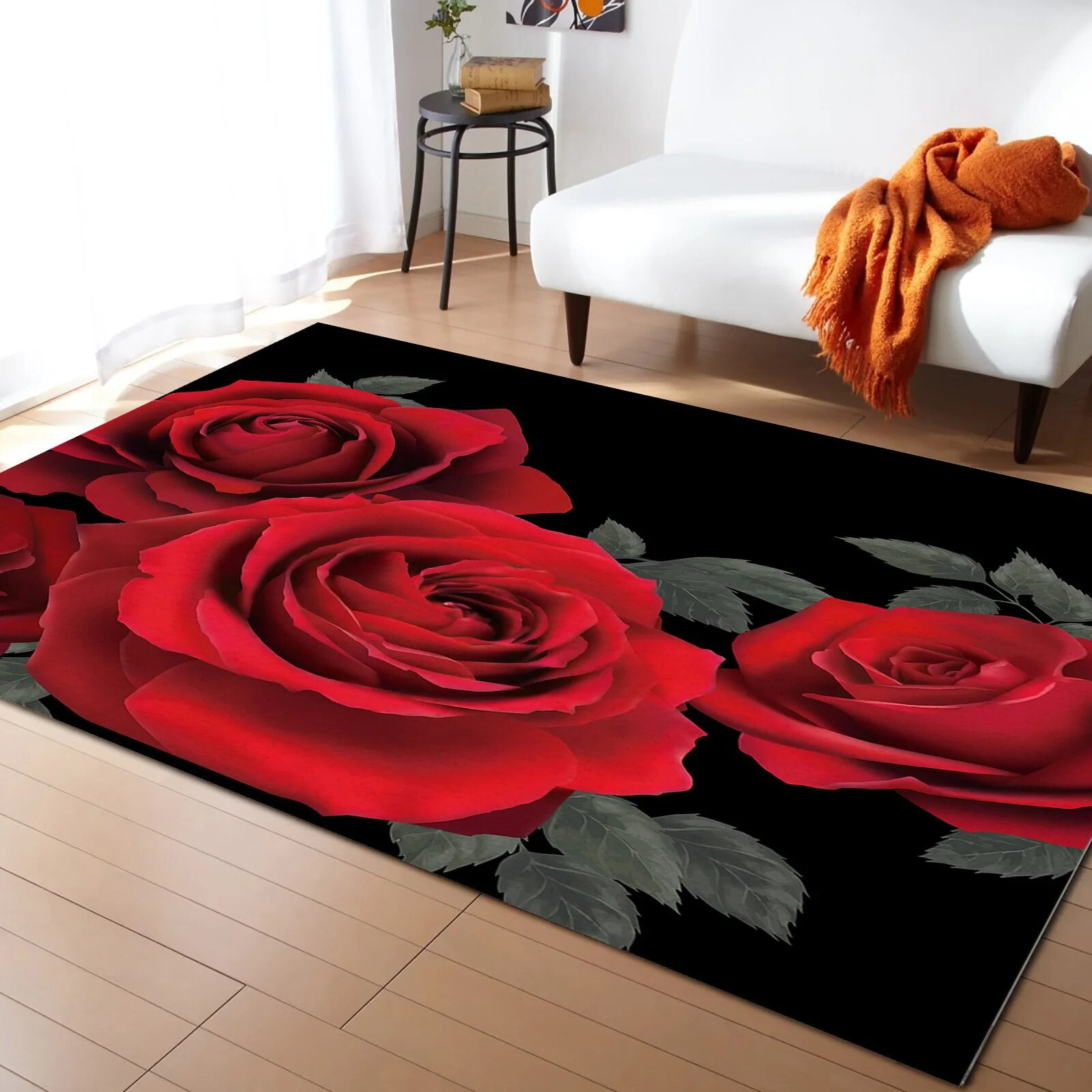 Red Rose Flower Black Carpet Living Room Large Area Rugs Bedroom Carpet ...