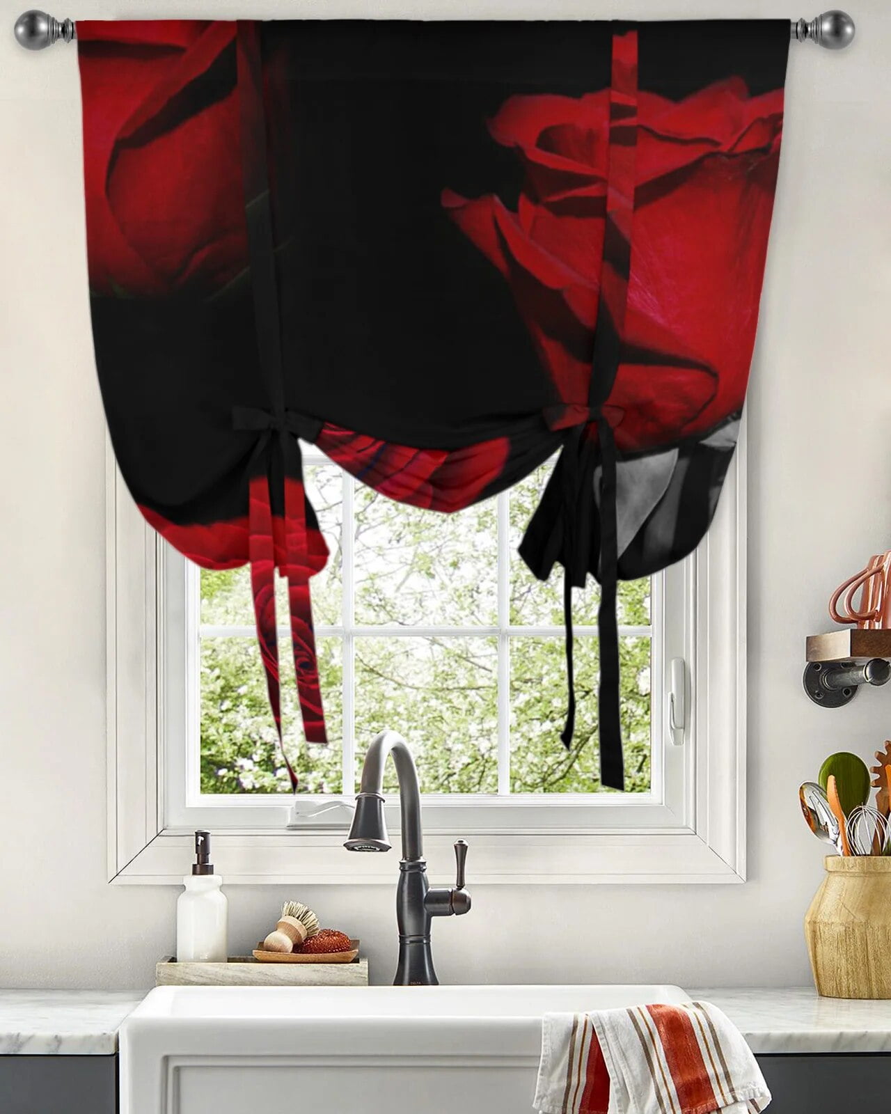 Red Rose Flower Black Curtain for Living Room Kitchen Tie-up Short ...