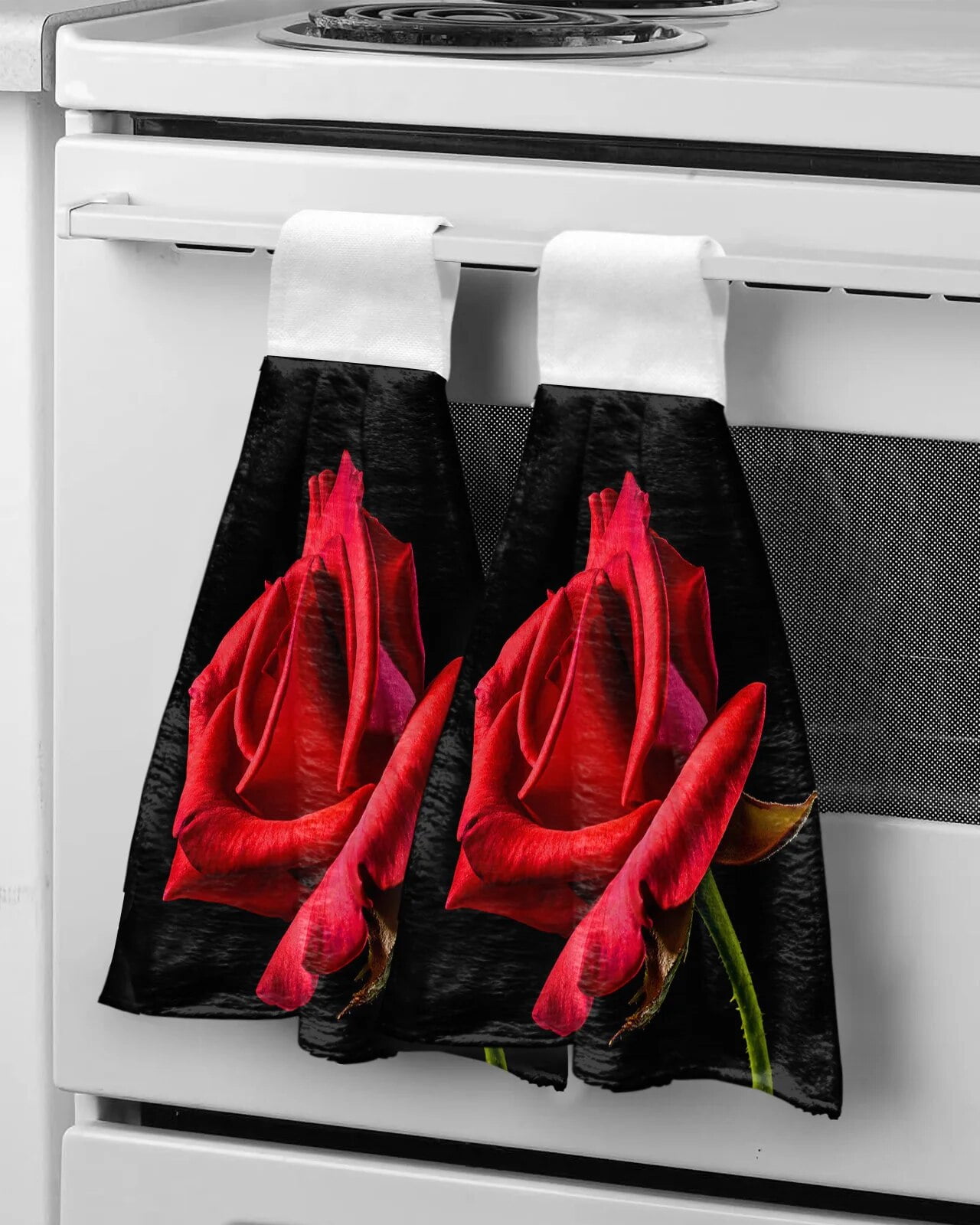 Red Rose Flower Black Custom Wipe Hand Towel Absorbent Hanging Towels ...