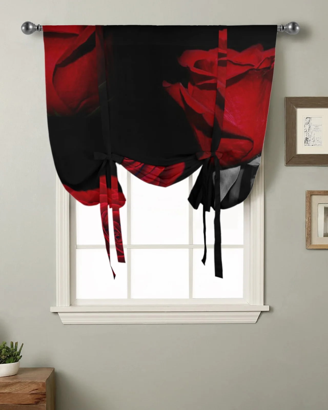 Red Rose Flower Black Kitchen Short Window Curtain Rod Pocket Curtains ...