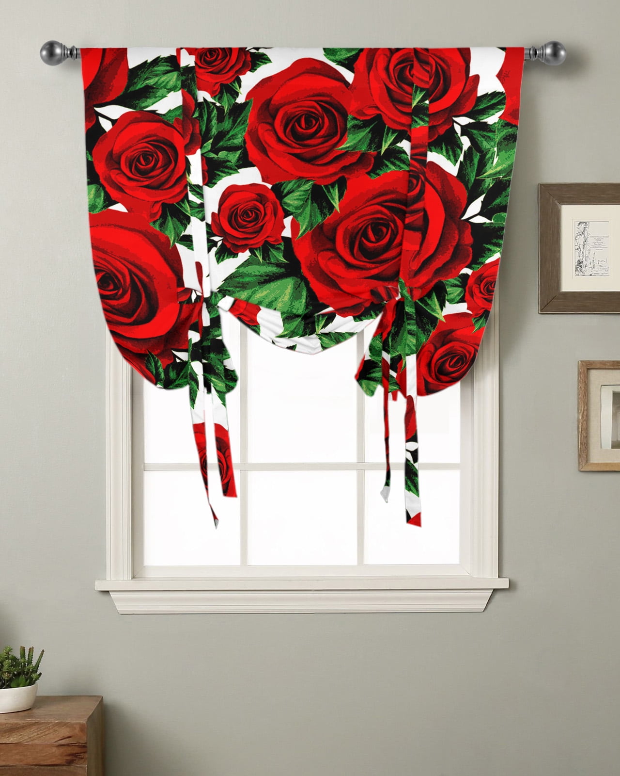 Red Rose Flower Black Kitchen Short Window Curtain Rod Pocket Curtains ...