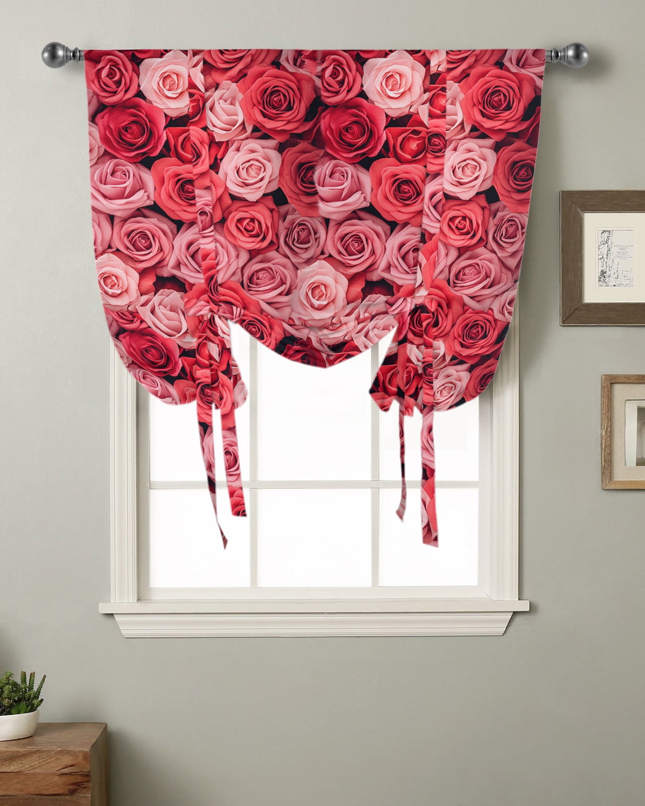Red Rose Flower Black Kitchen Short Window Curtain Rod Pocket Curtains ...
