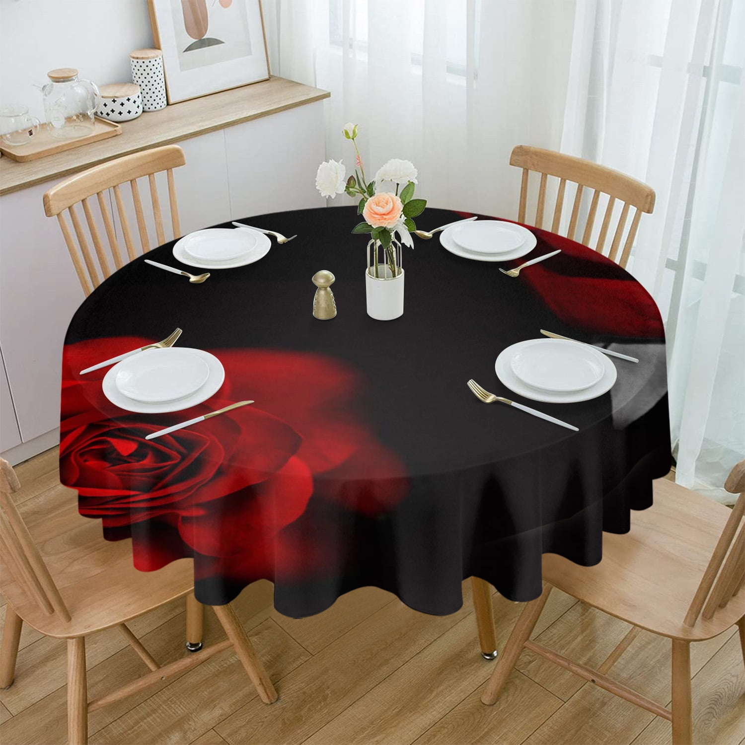 Red Rose Flower Black Round Tablecloths for Dining Table Waterproof ...