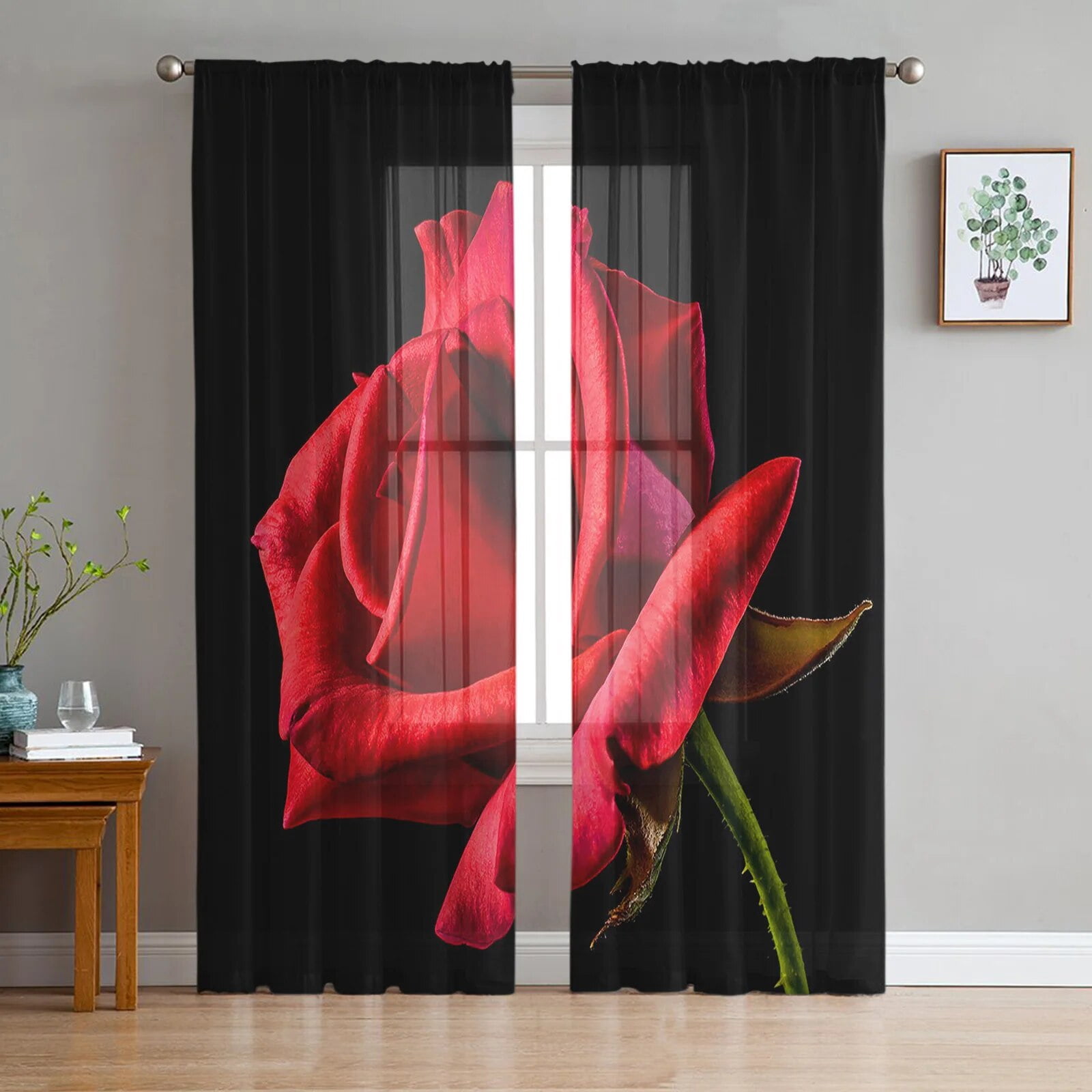 Red Rose Flower Black Tulle Curtains For Living Room Bedroom ...