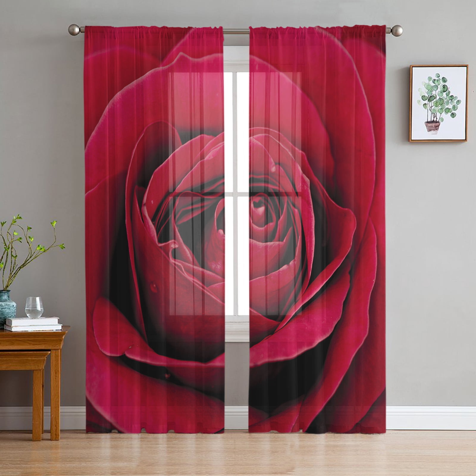 Red Rose Flower Black Tulle Sheer Curtains for Living Room Bedroom the ...