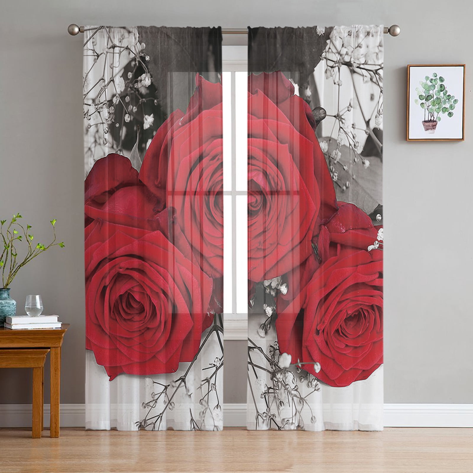 Red Rose Flower Black Tulle Sheer Curtains for Living Room Bedroom the ...