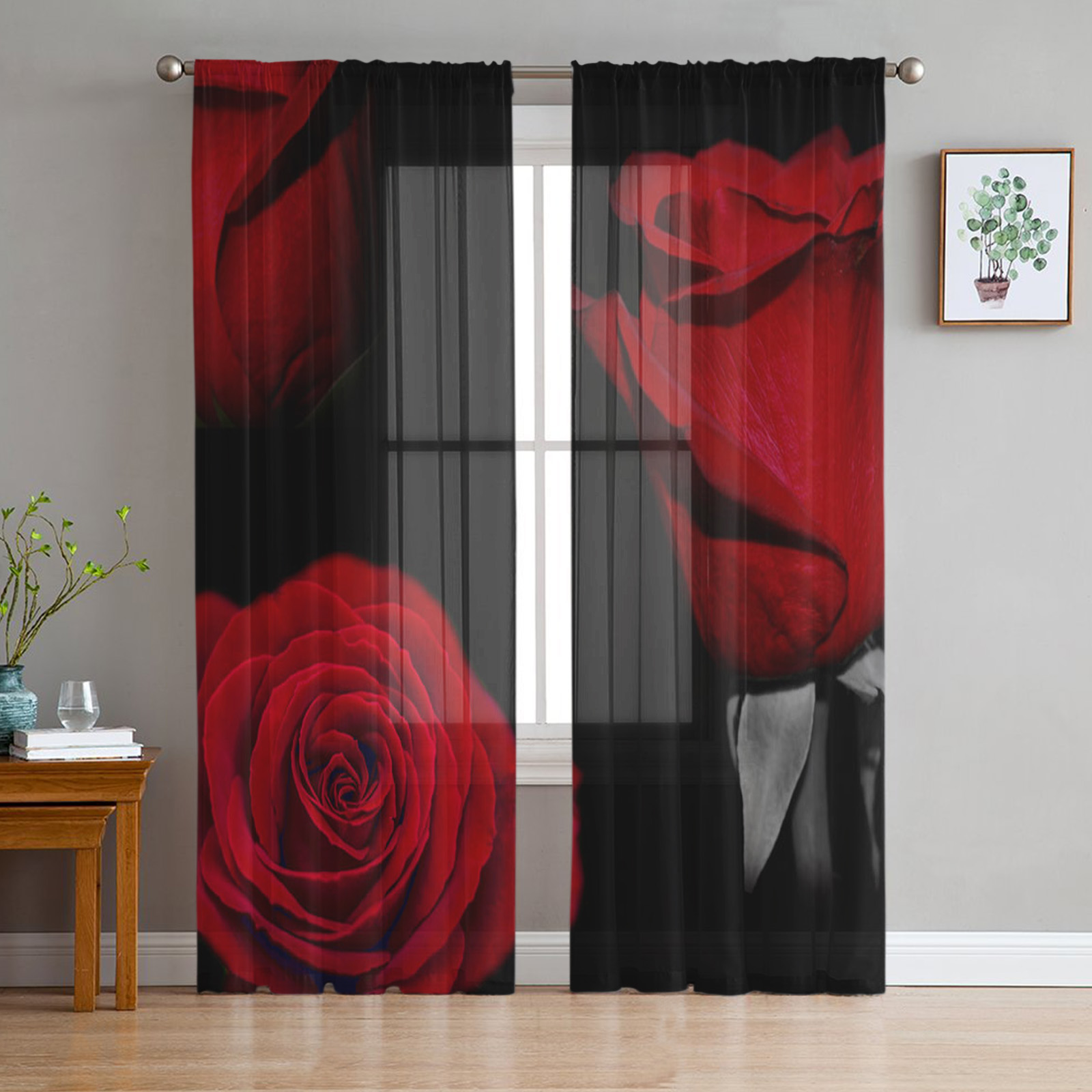 Red Rose Flower Black Tulle Sheer Window Curtains for Living Room ...