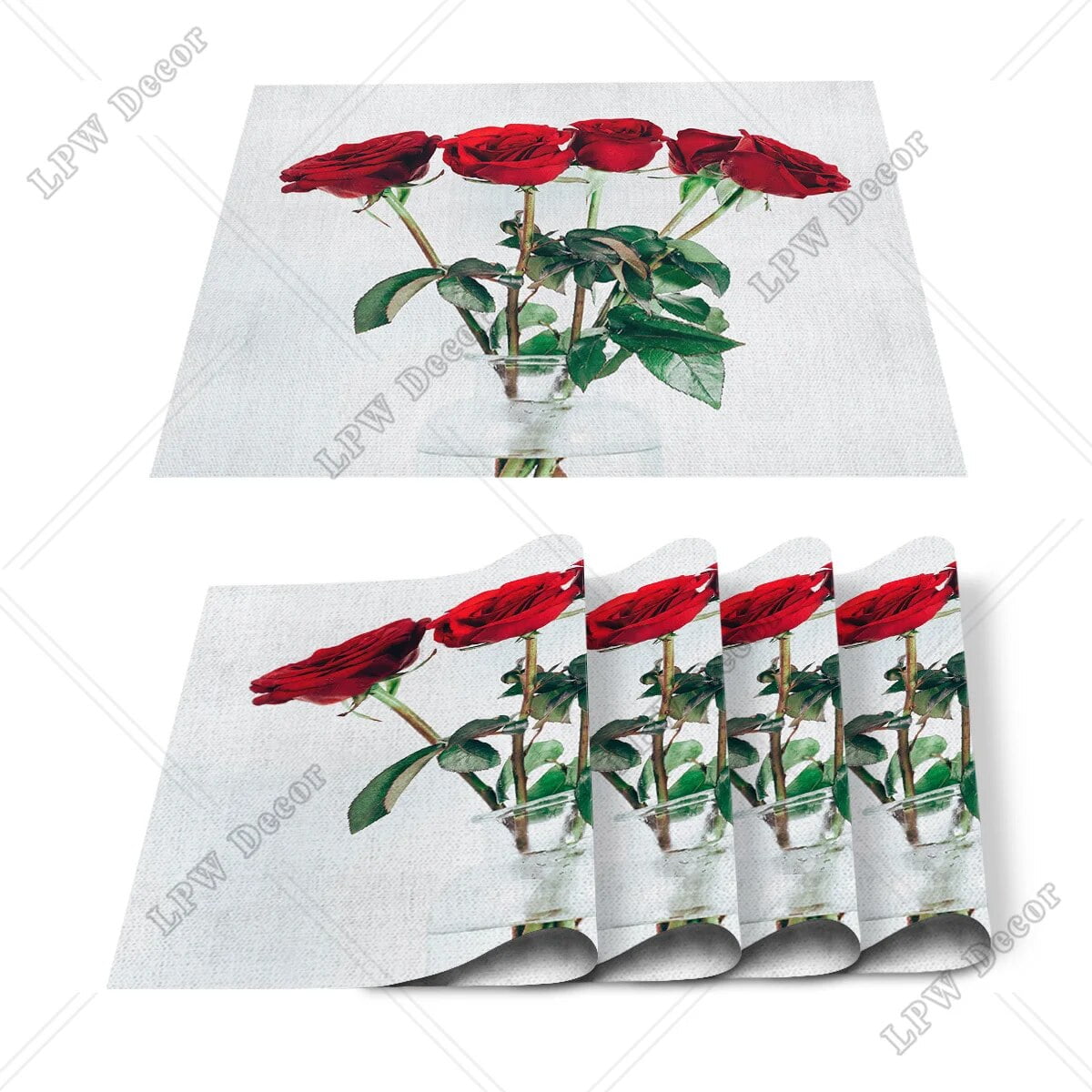 Red Rose Flower Bouquet Plant Kitchen Placemat Set Coaster Dining Table ...