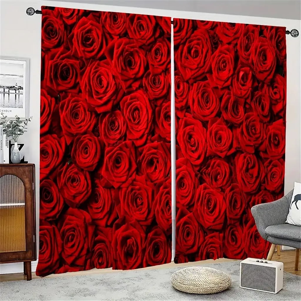 Red Rose Flower Curtains 3D Print Window Curtains For Bedroom Living ...