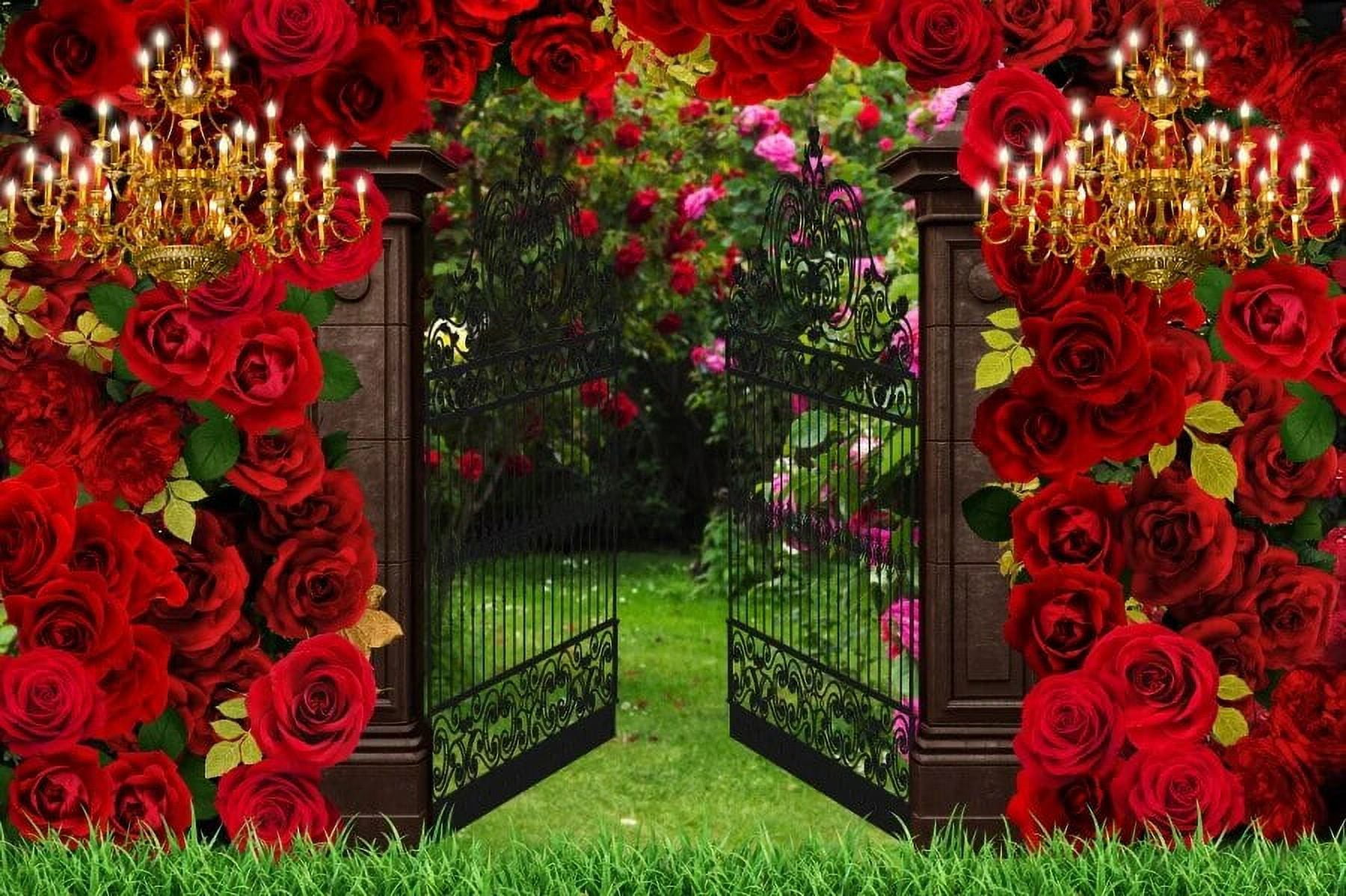 Red Rose Flower Garden Backdrop Spring Floral Vintage Gate Floral ...