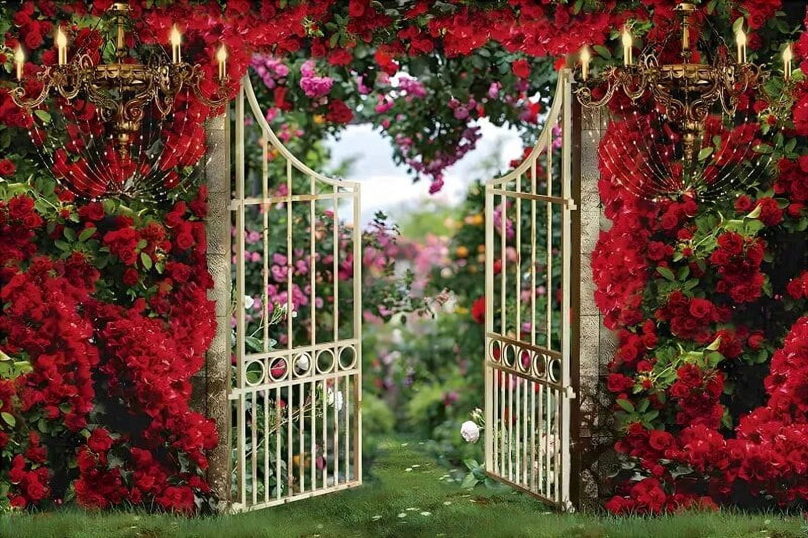 Red Rose Flower Garden Backdrop Spring Floral Vintage Gate Floral ...
