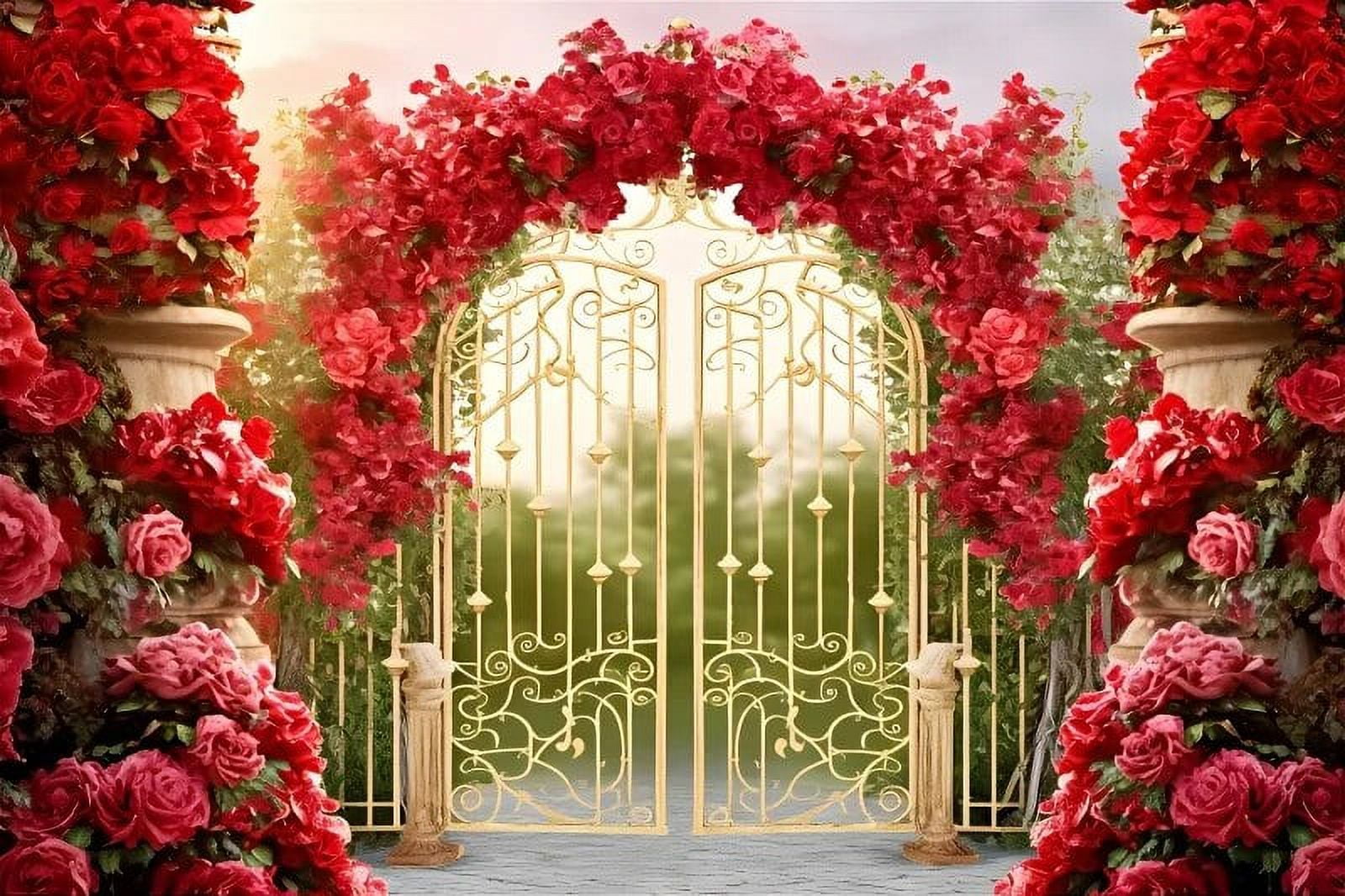 Red Rose Flower Garden Backdrop Spring Floral Vintage Gate Floral ...