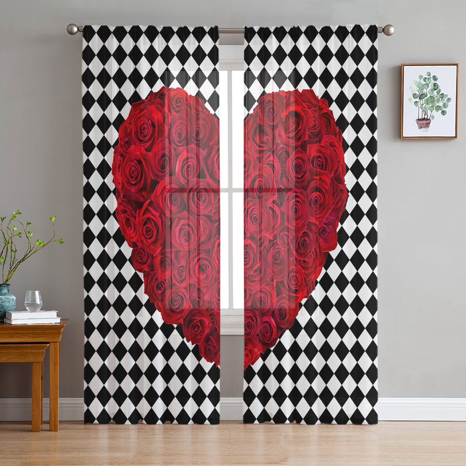 Red Rose Flower Green Leaf Plant Beautiful Sheer Curtains for Living Room Bedroom ration Window ...