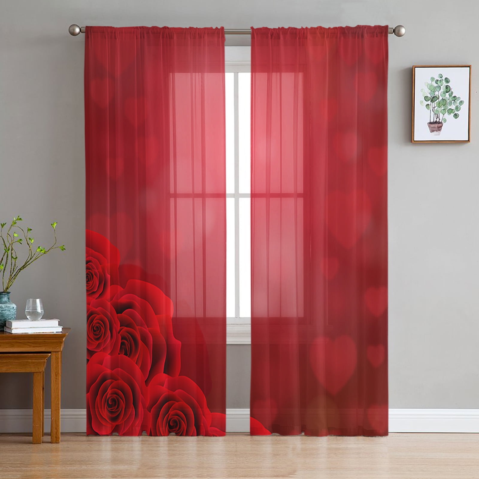 Red Rose Flower Green Leaf Plant Beautiful Sheer Curtains for Living Room Bedroom ration Window ...