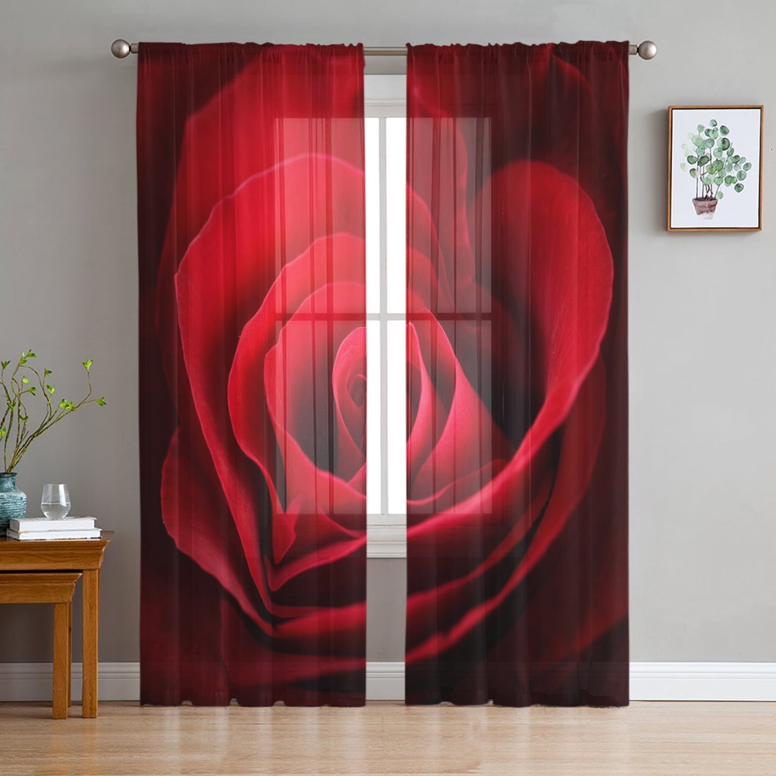 Red Rose Flower Green Leaf Plant Beautiful Sheer Curtains for Living ...