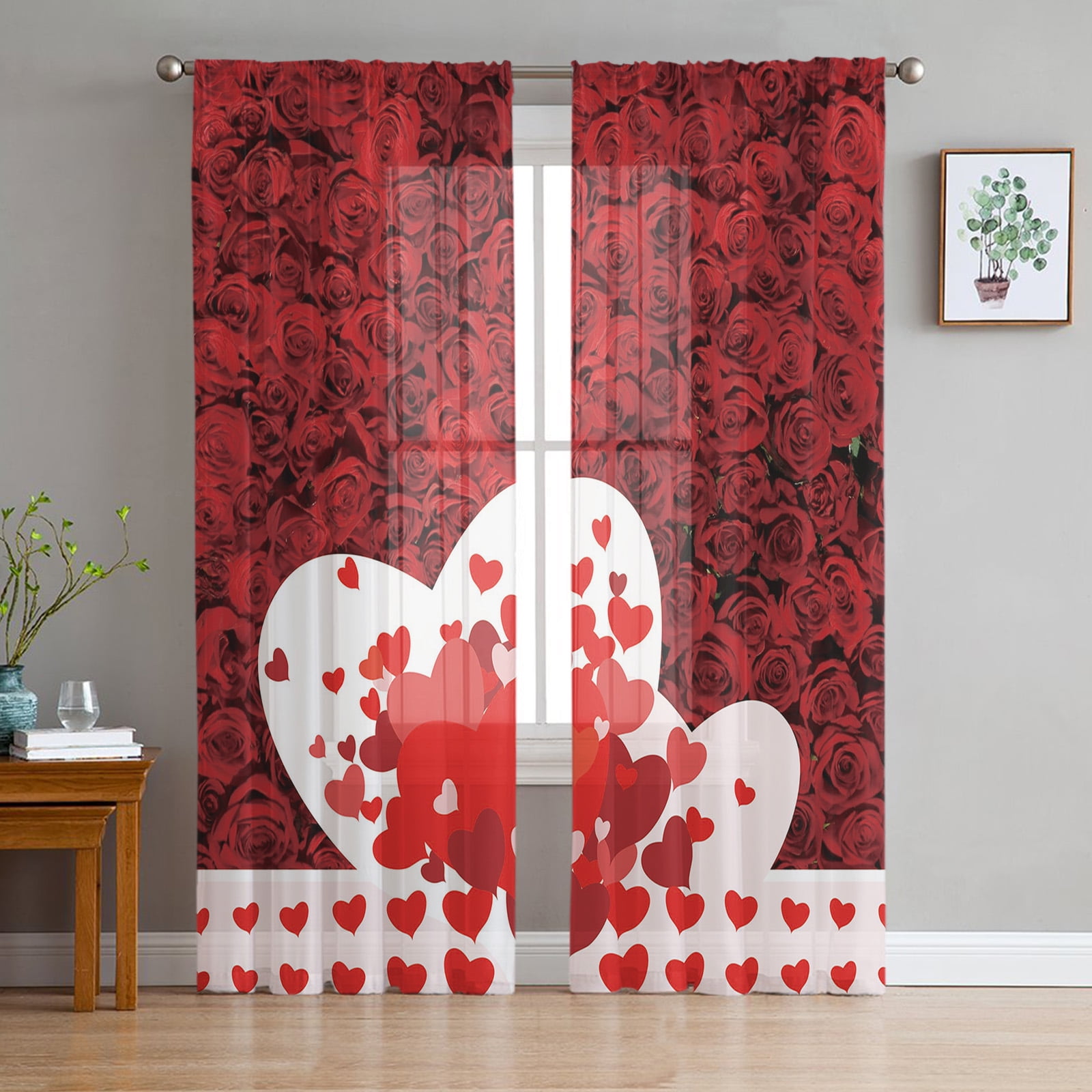 Red Rose Flower Green Leaf Plant Beautiful Sheer Curtains for Living Room Bedroom ration Window ...