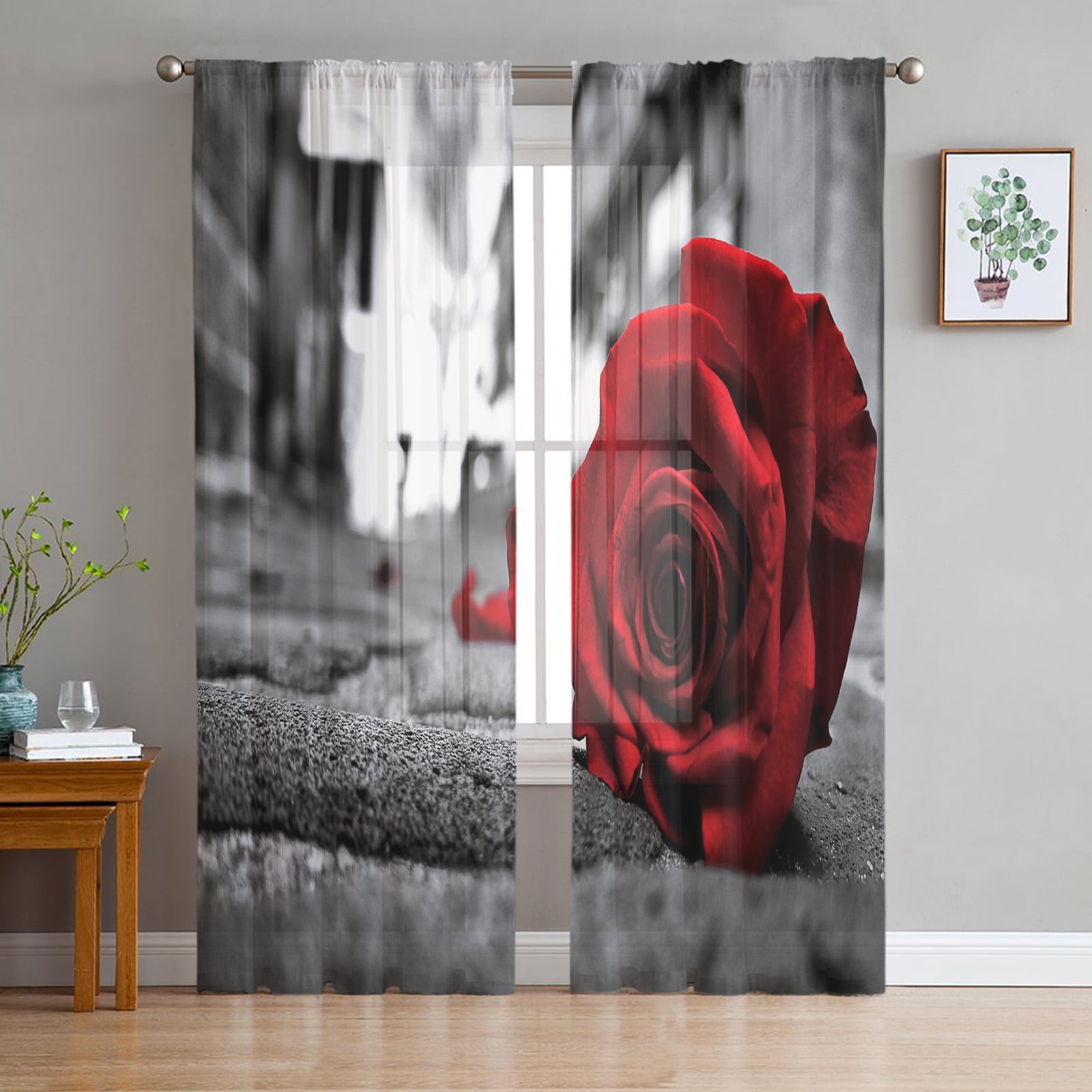 Red Rose Flower Green Leaf Plant Beautiful Sheer Curtains for Living ...