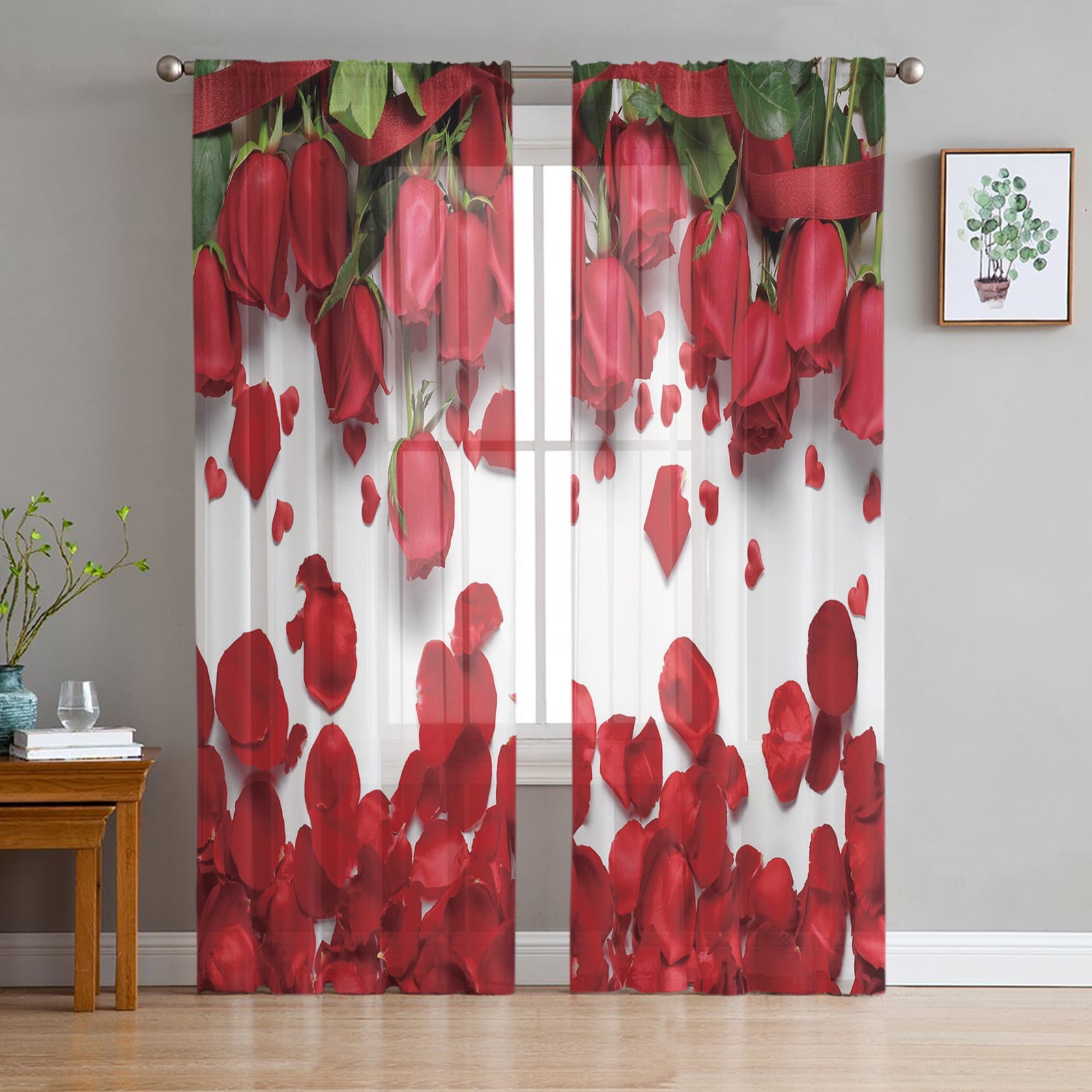 Red Rose Flower Green Leaf Plant Beautiful Sheer Curtains for Living ...