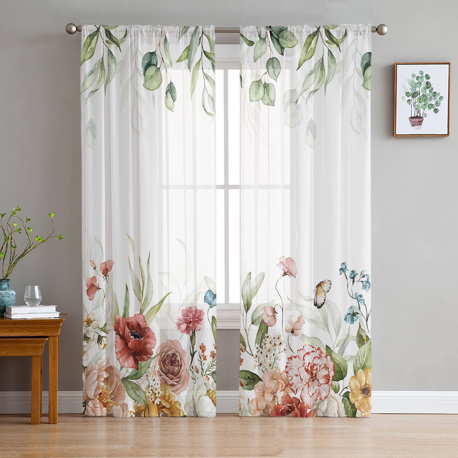 Red Rose Flower Plant Printed Curtains Drape Sheer Tulle Home ration Living Room Bedroom ...