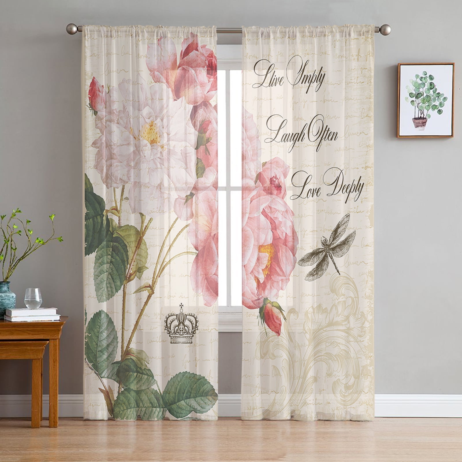 Red Rose Flower Plant Printed Curtains Drape Sheer Tulle Home ration Living Room Bedroom ...
