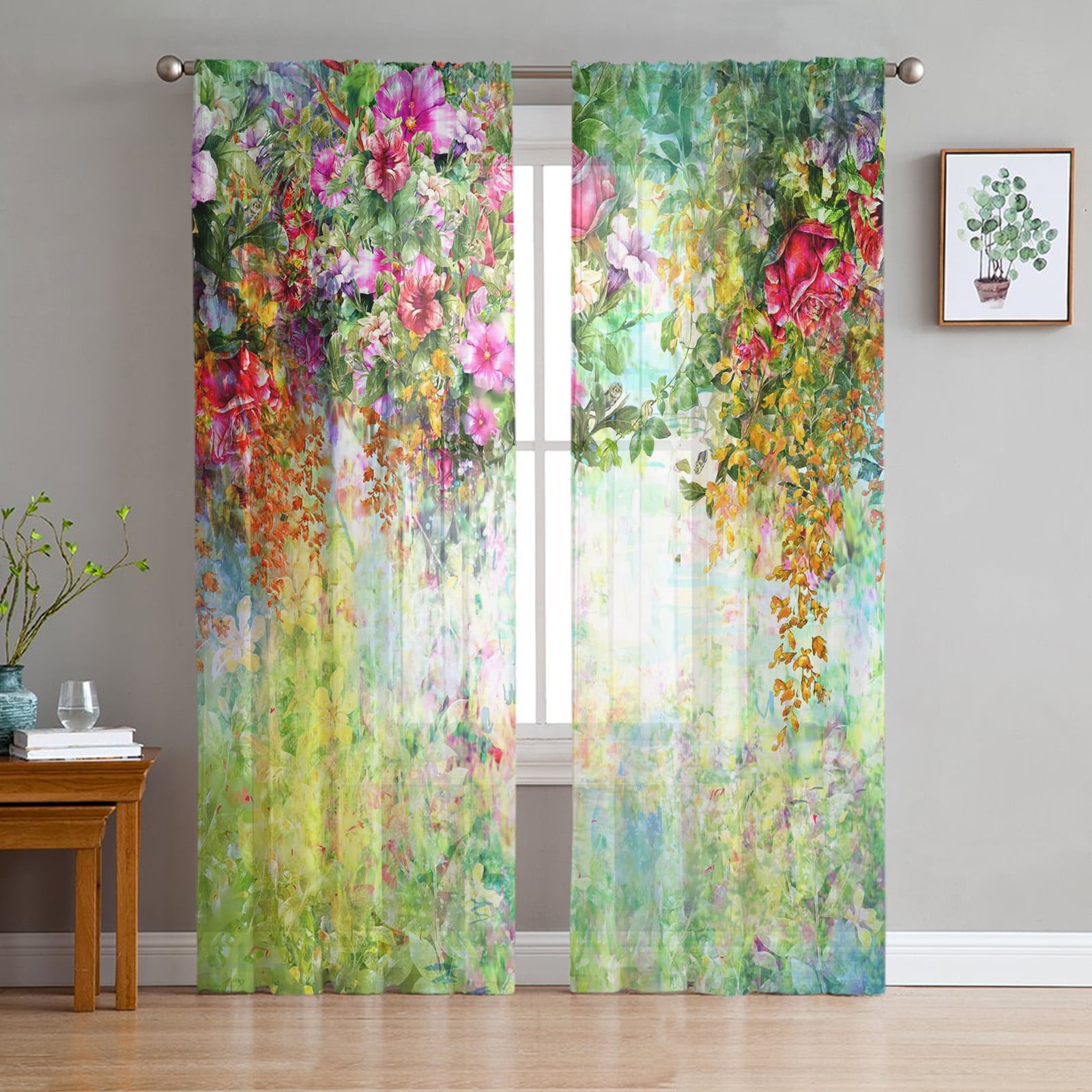Red Rose Flower Plant Printed Curtains Drape Sheer Tulle Home ration Living Room Bedroom ...