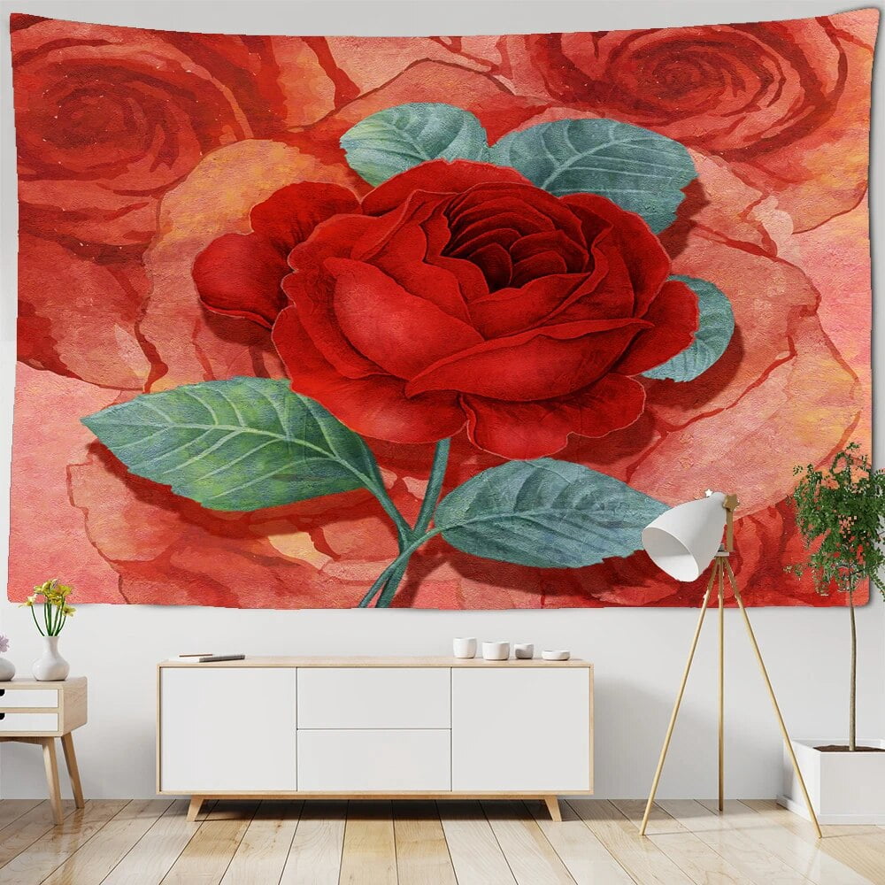 Red Rose Flower Plant Tapestry Wall Hanging Bohemian Hippie Aesthetics ...