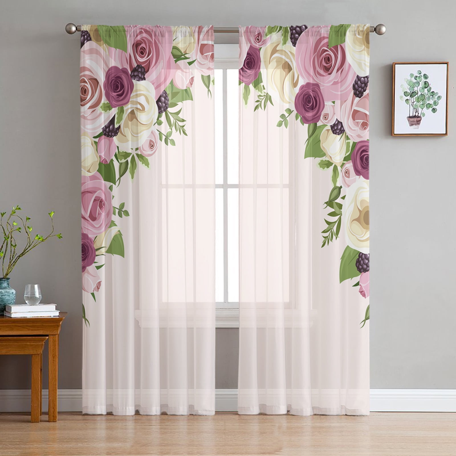 Red Rose Flower Plant Tulle Sheer Window Curtains for Living Room the ...