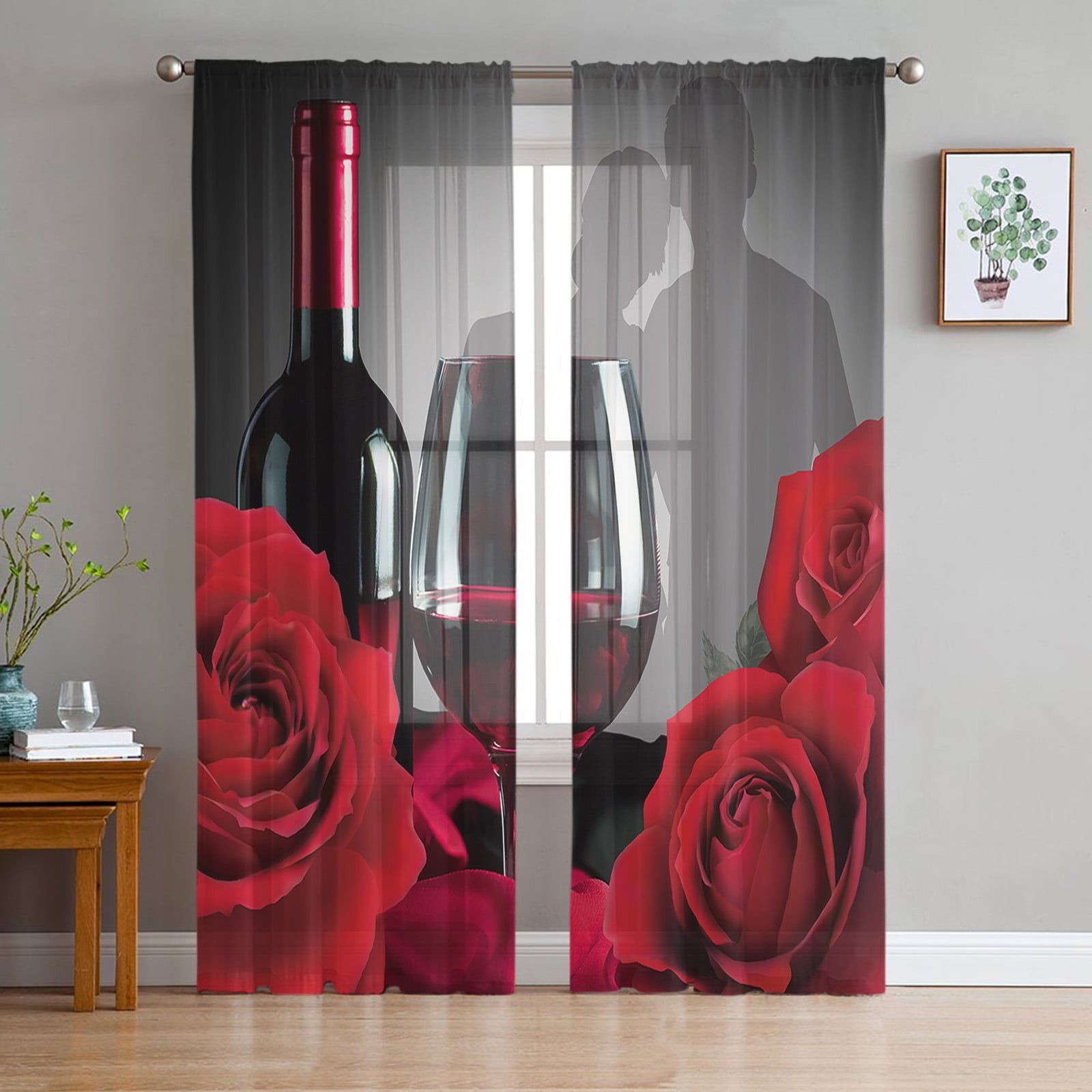 Red Rose Flower Plant Tulle Sheer Window Curtains for Living Room the ...