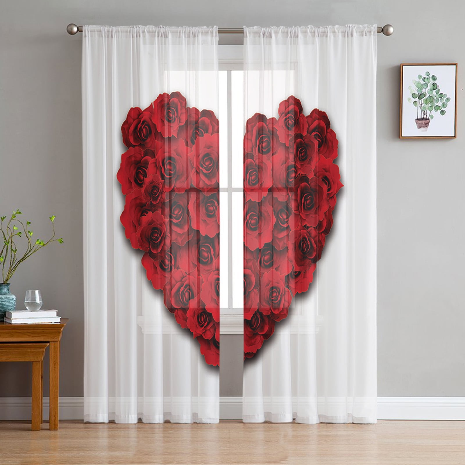 Red Rose Flower Plant Tulle Sheer Window Curtains for Living Room the ...