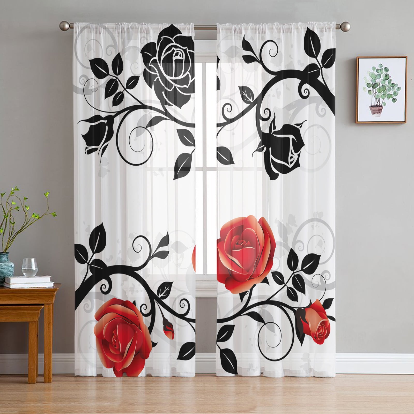 Red Rose Flower Plant Tulle Sheer Window Curtains for Living Room the Bedroom Modern Voile ...