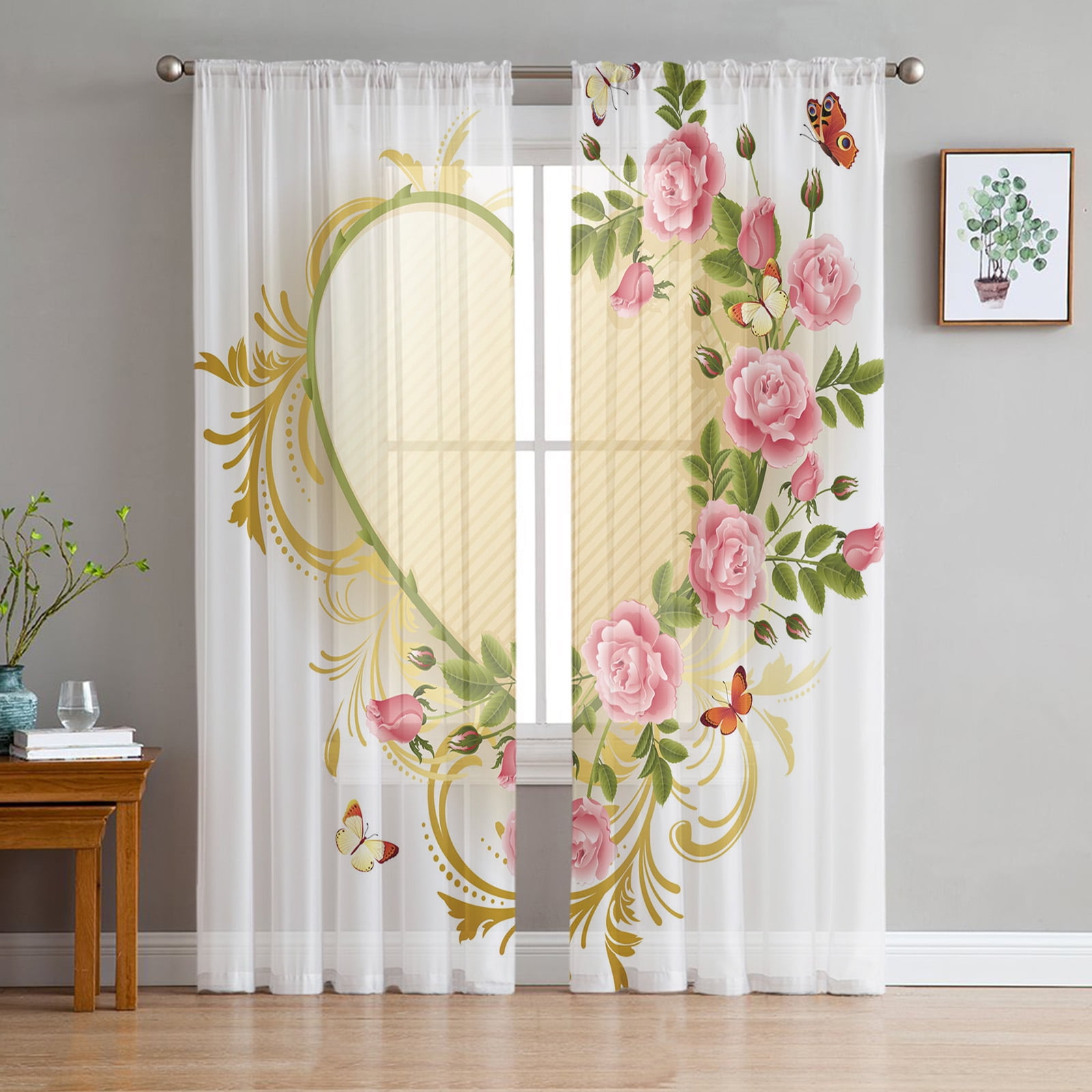 Red Rose Flower Plant Tulle Sheer Window Curtains for Living Room the Bedroom Modern Voile ...