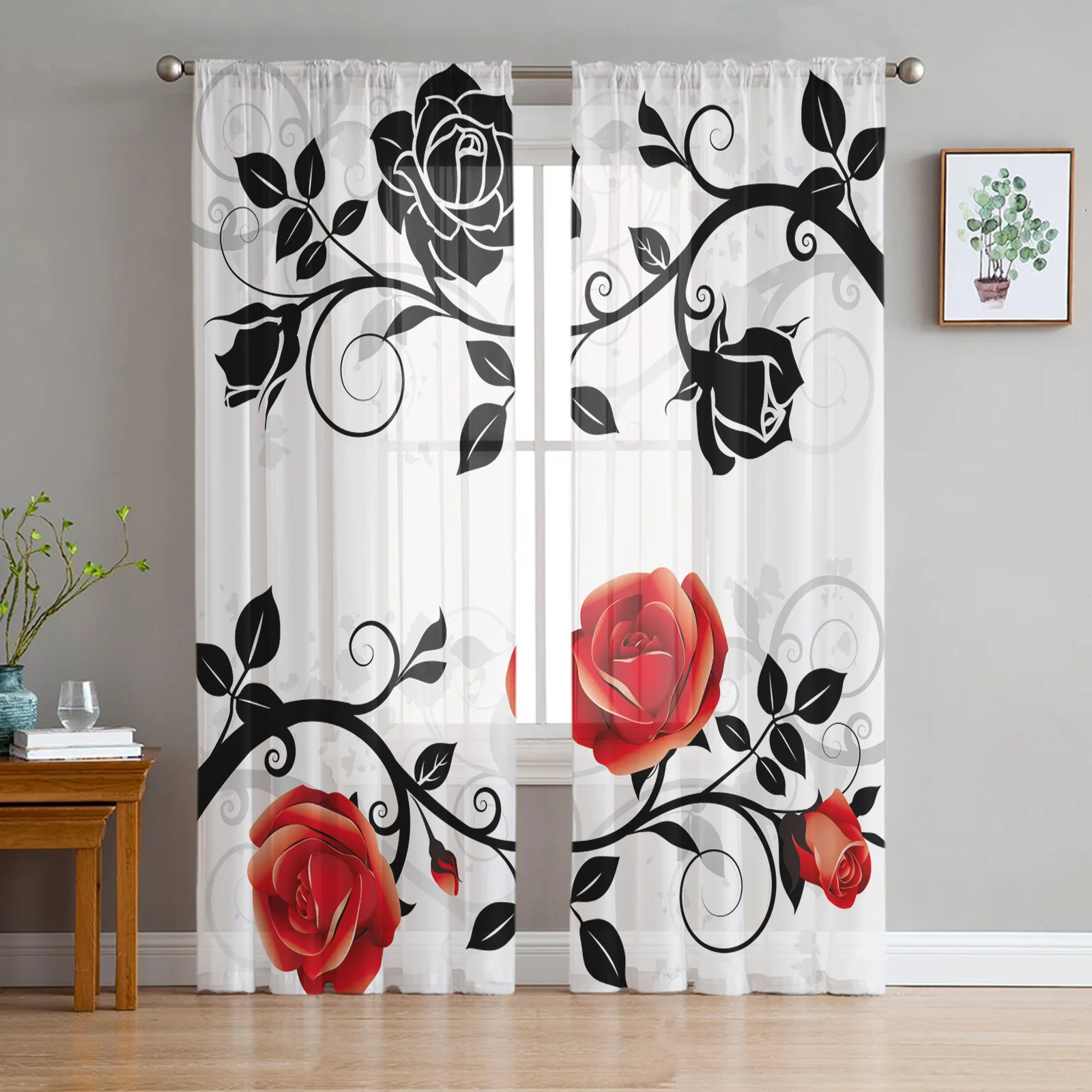 Red Rose Flower Plant White Chiffon Sheer Curtains for Living Room ...