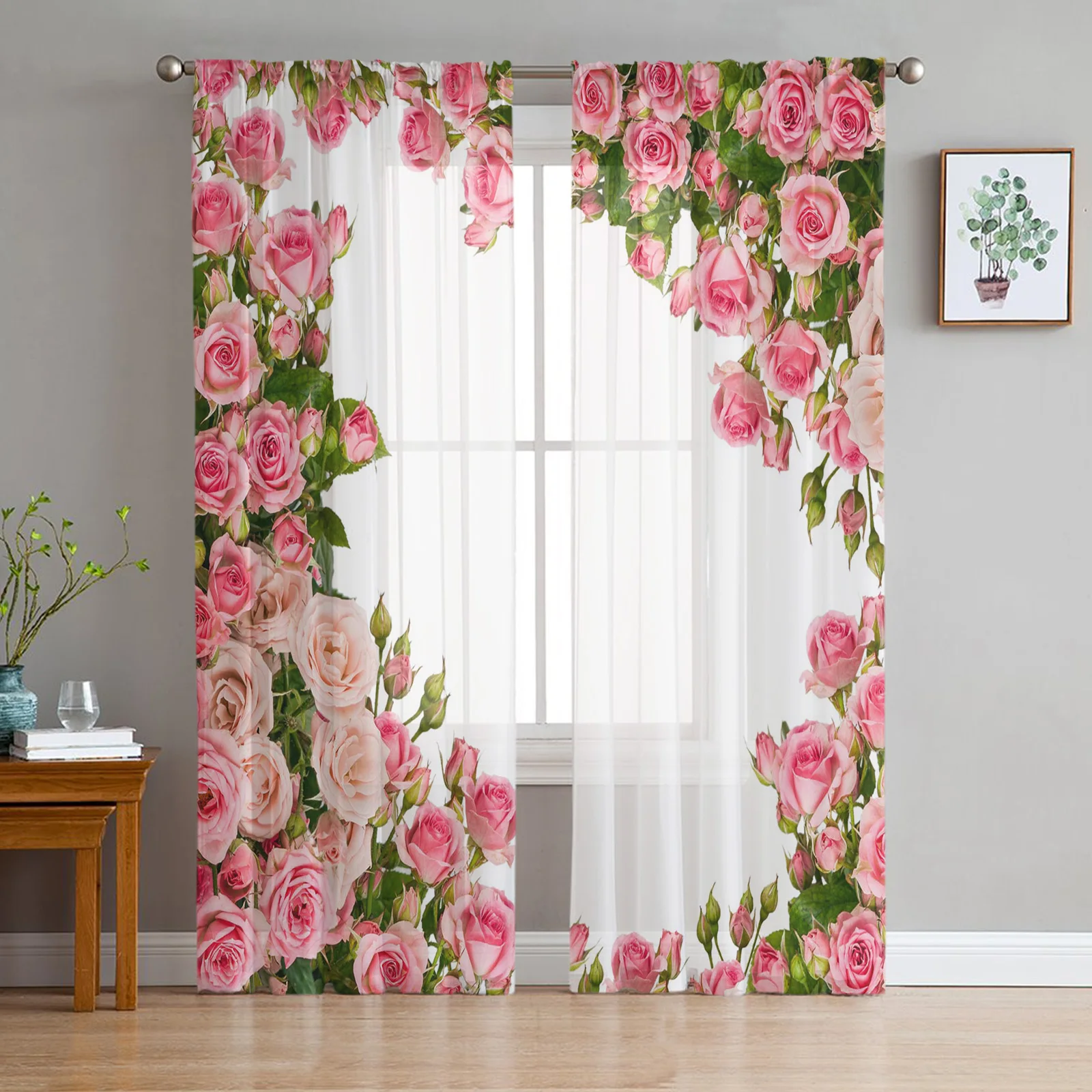 Red Rose Flower Plant White Chiffon Sheer Curtains for Living Room ...