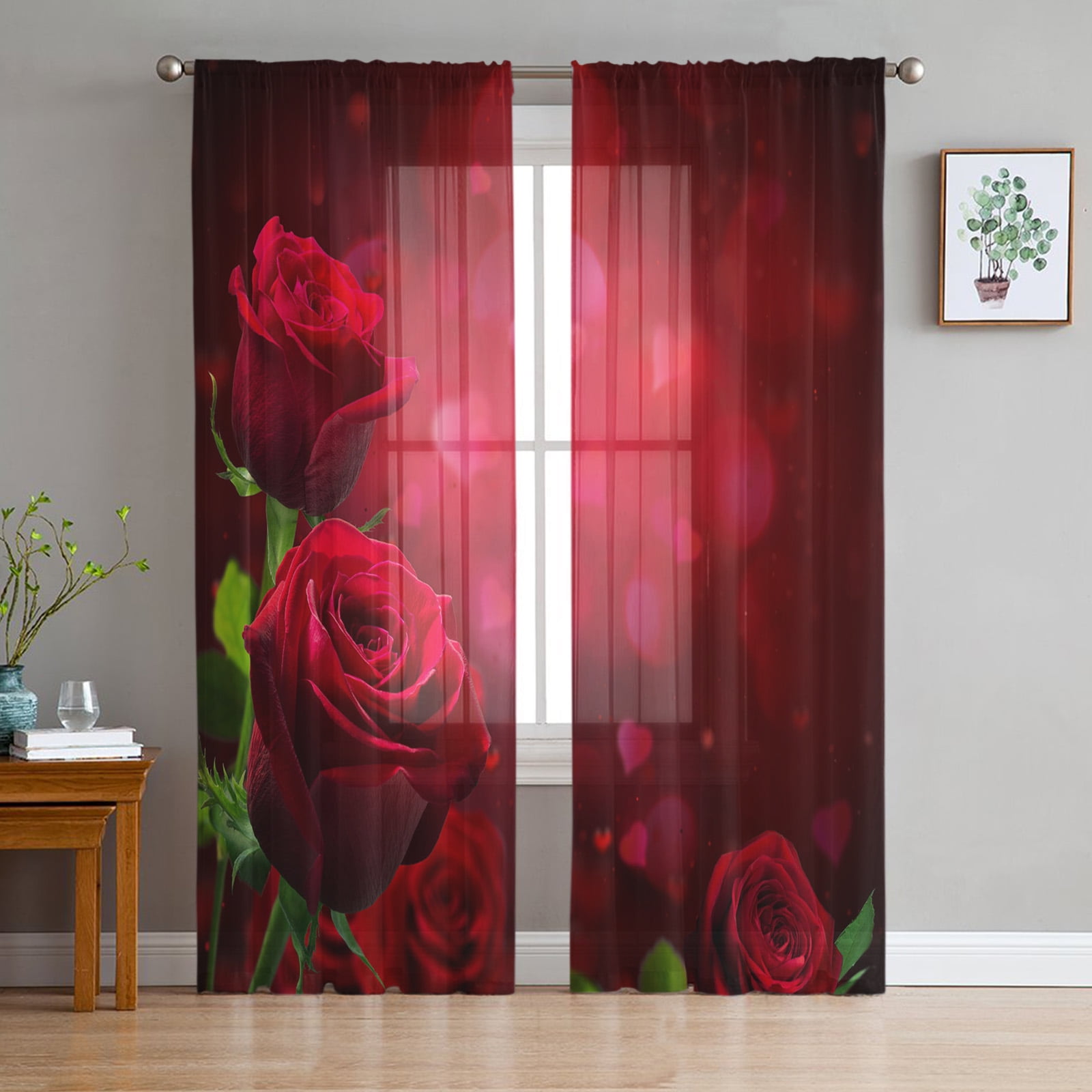 Red Rose Flower Romantic Sheer Curtain for Living Room Bedroom Voile ...