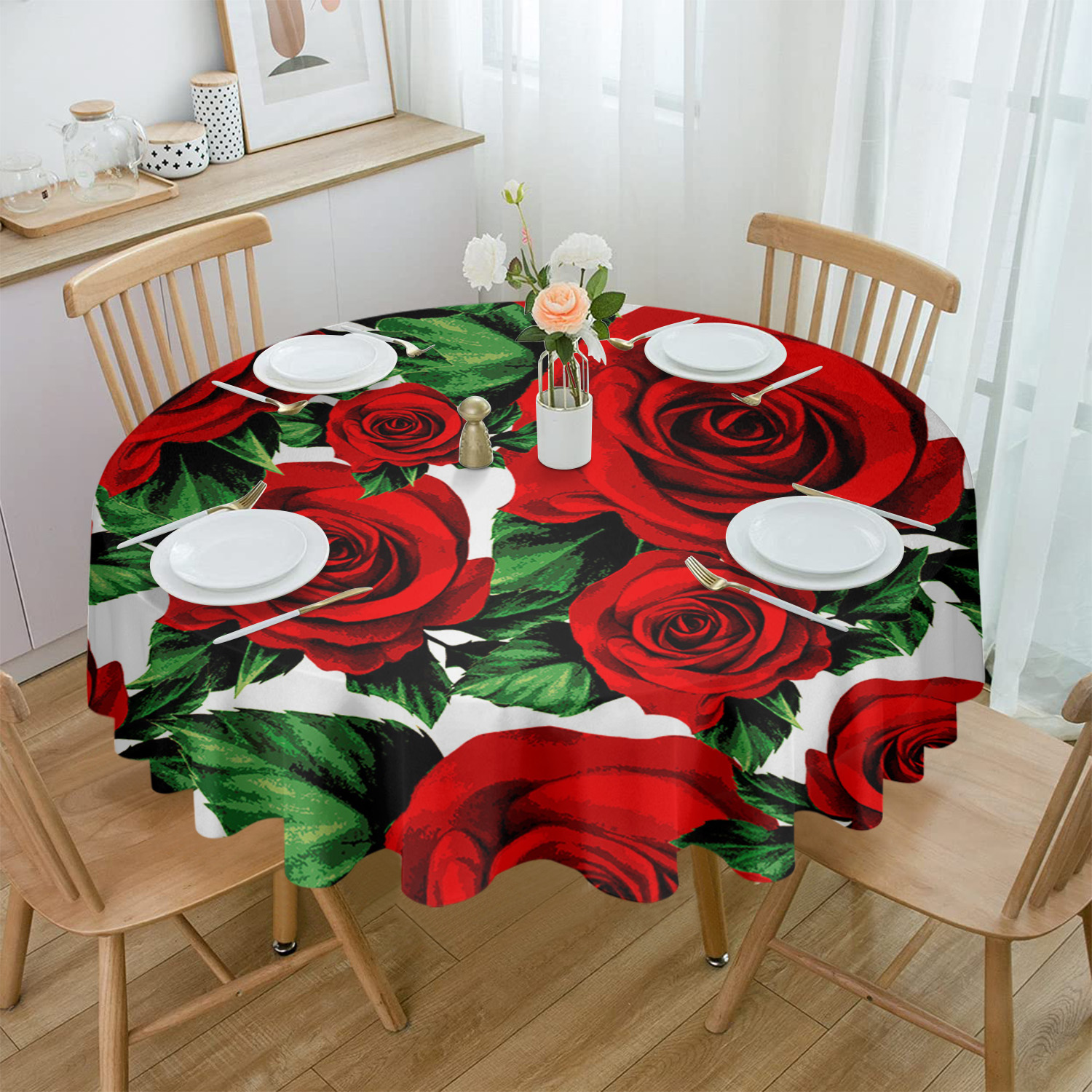 Red Rose Flower Round Tablecloths for Dining Table Waterproof Table ...