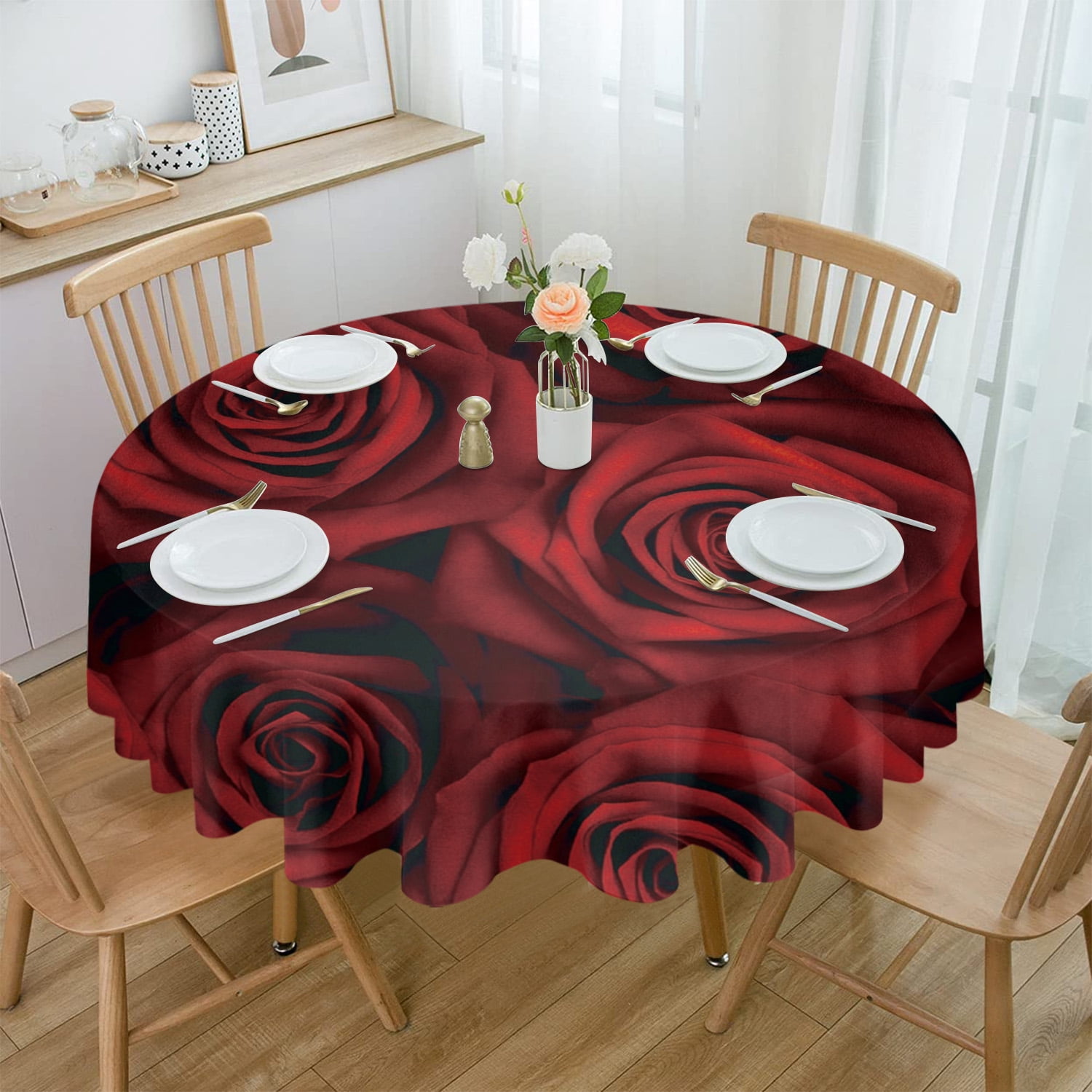 Red Rose Flower Round Tablecloths for Dining Table Waterproof Table ...