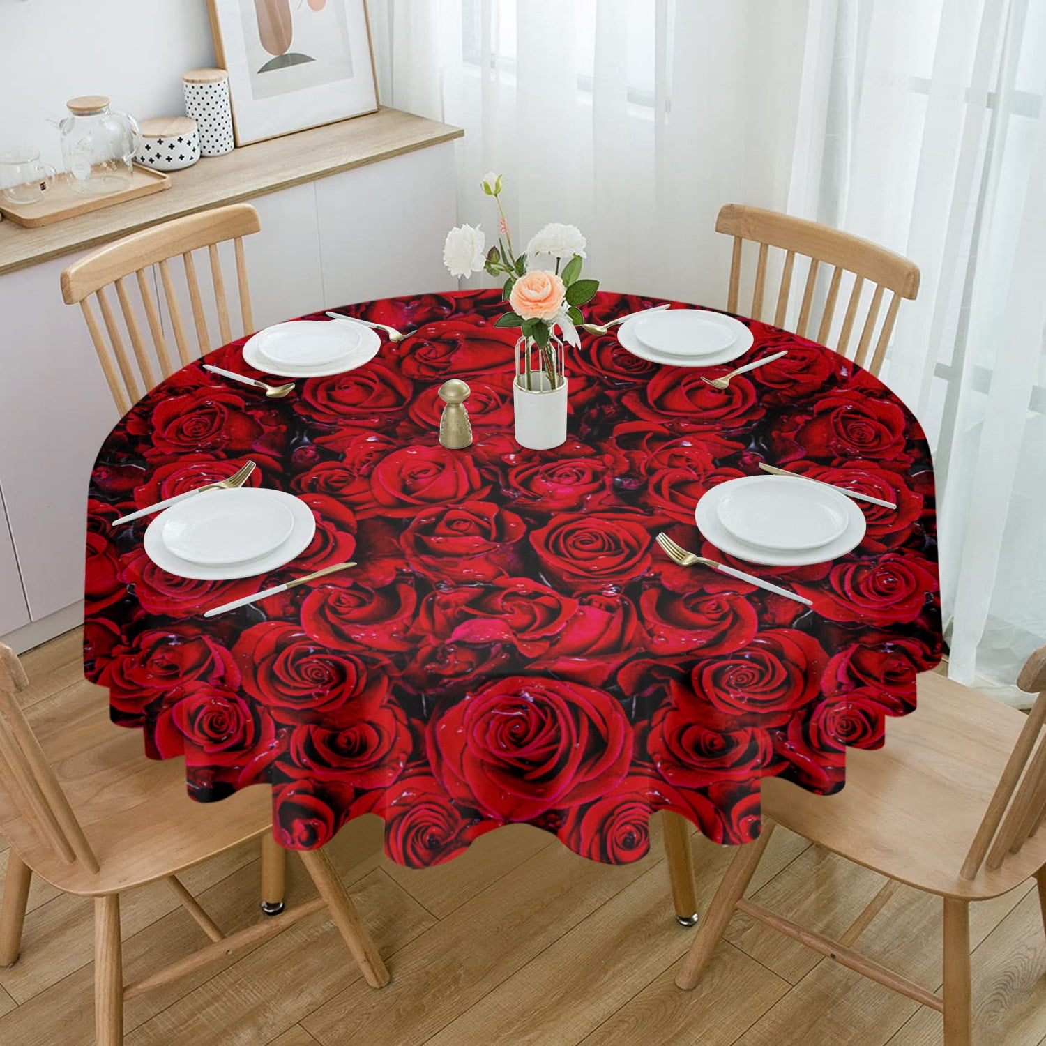 Red Rose Flower Round Tablecloths for Dining Table Waterproof Table ...