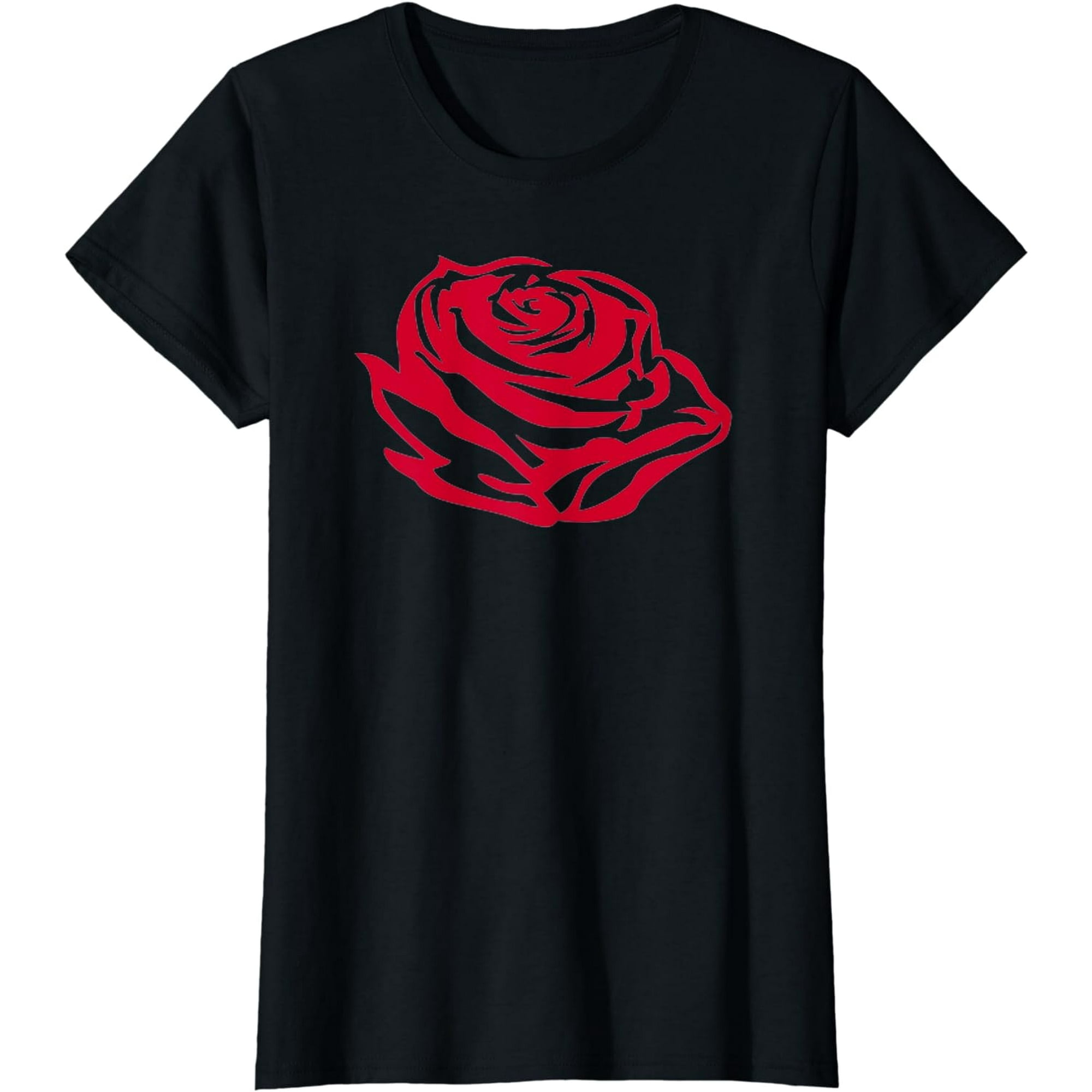 Red Rose Flower Short Sleeve Round Neck Black T-shirt Gift - Walmart.com