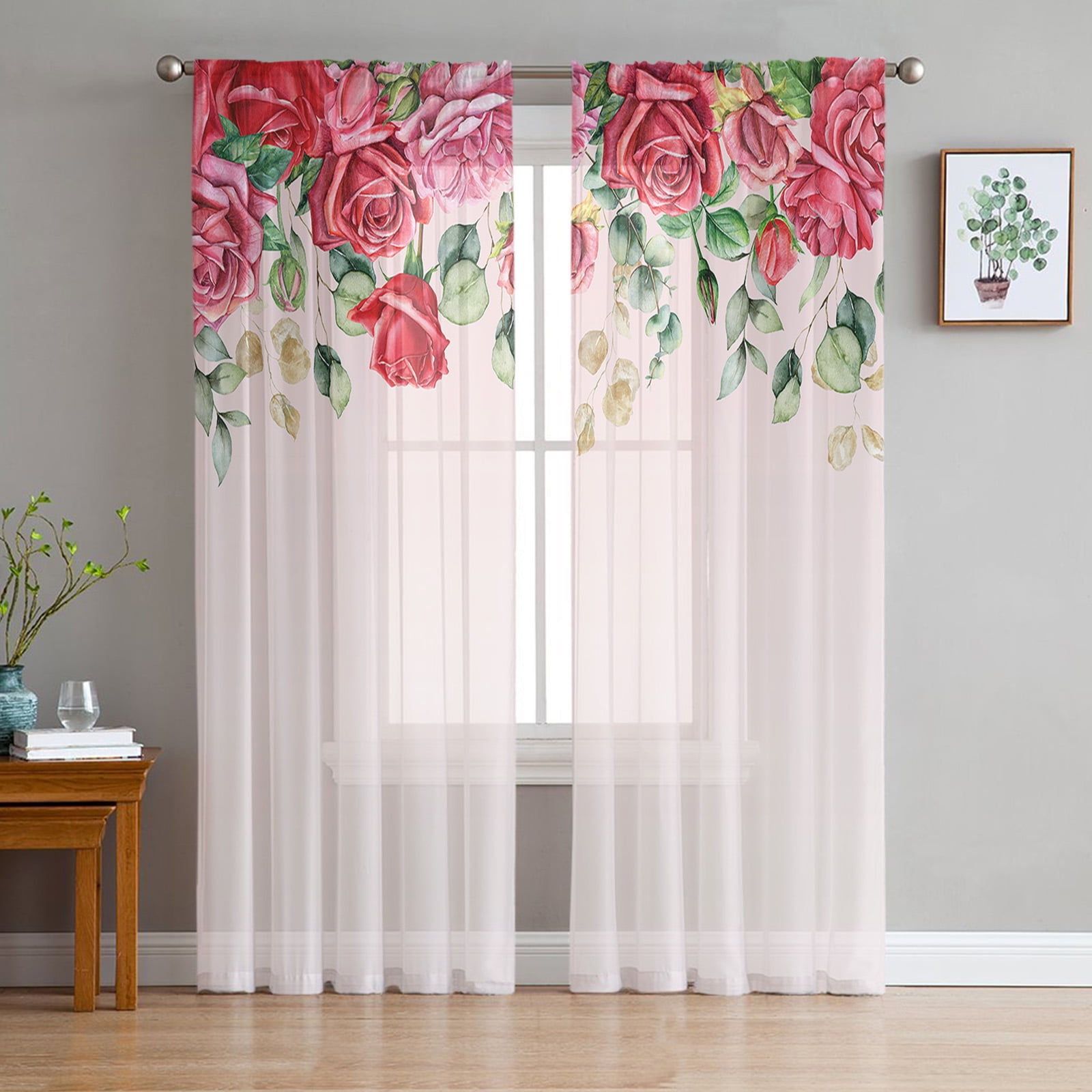 Red Rose Flower Tulle Curtains for Bedroom Home r Living Room Kitchen ...